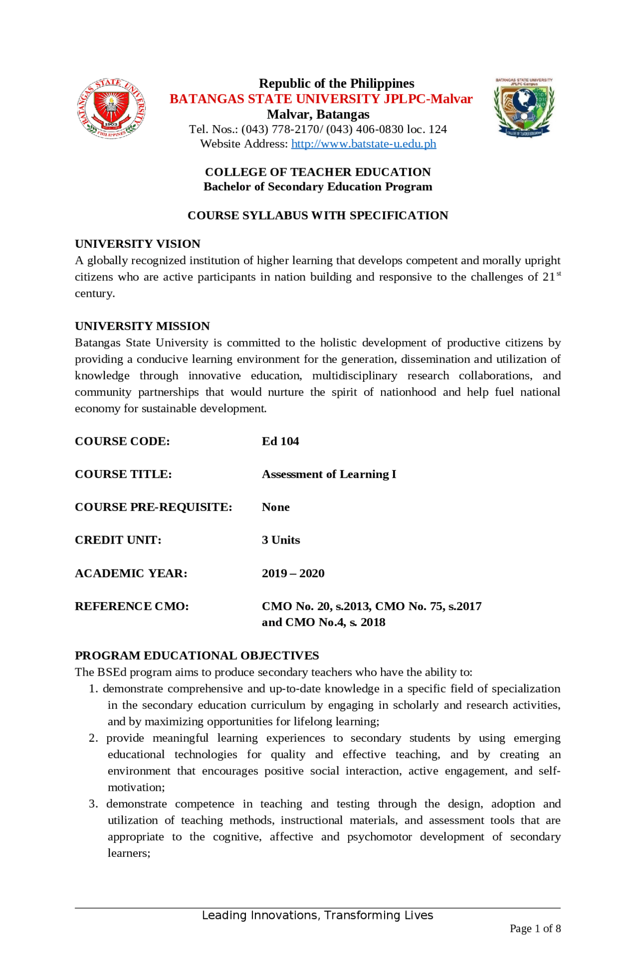 Syllabus In Assessment In Learning Docsity