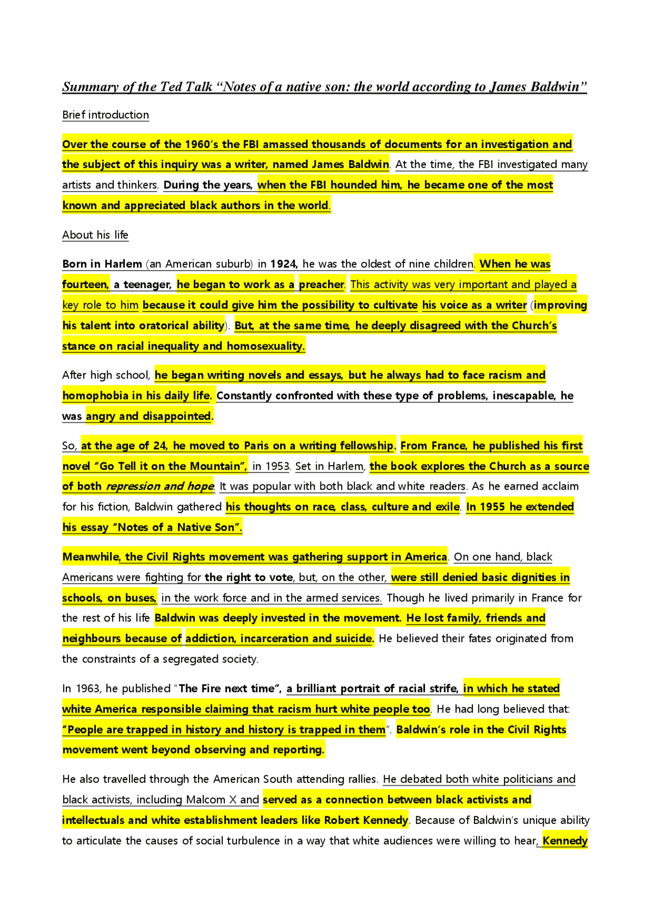 Riassunto in lingua inglese del Ted Talk "Notes of a native son the ...