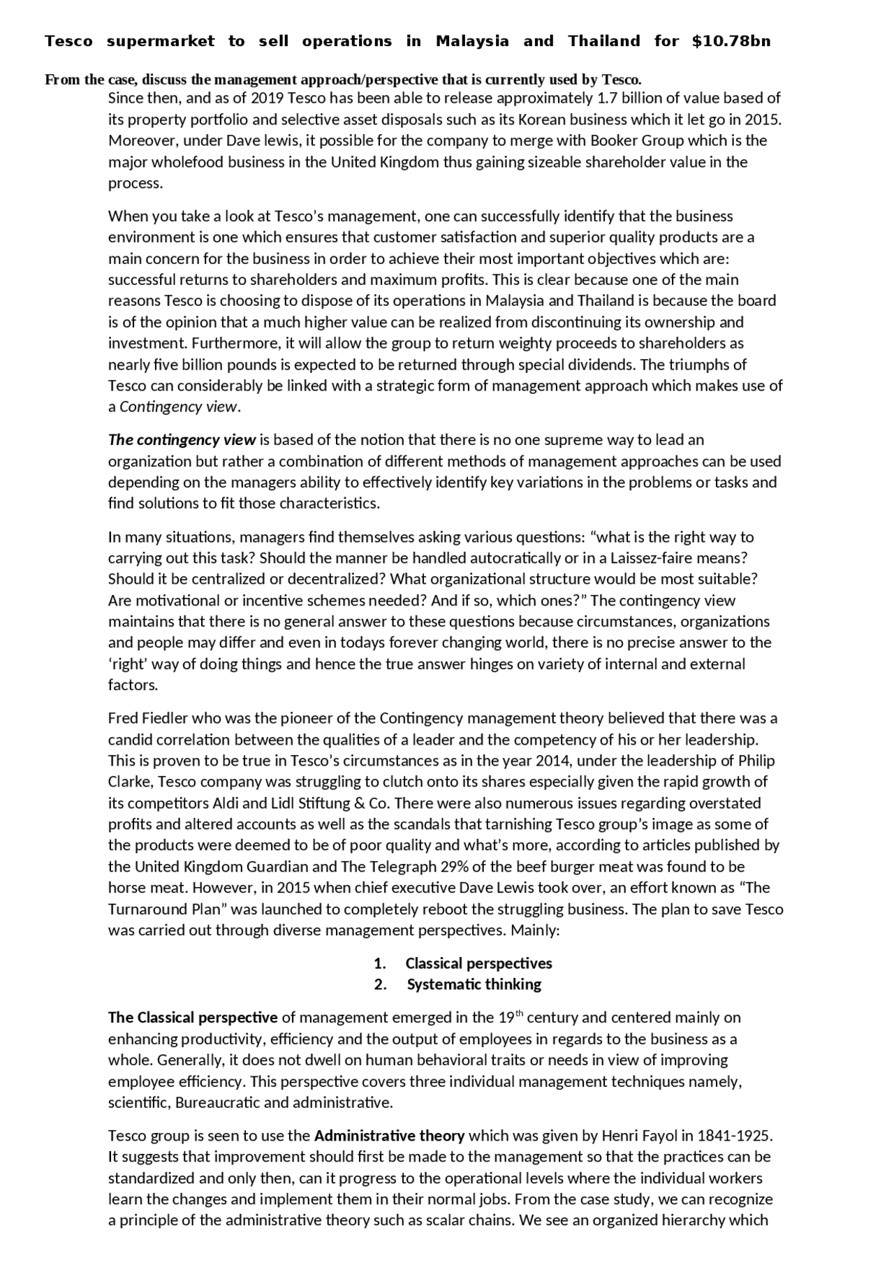 Management approach/perspective that is currently used by Tesco ...