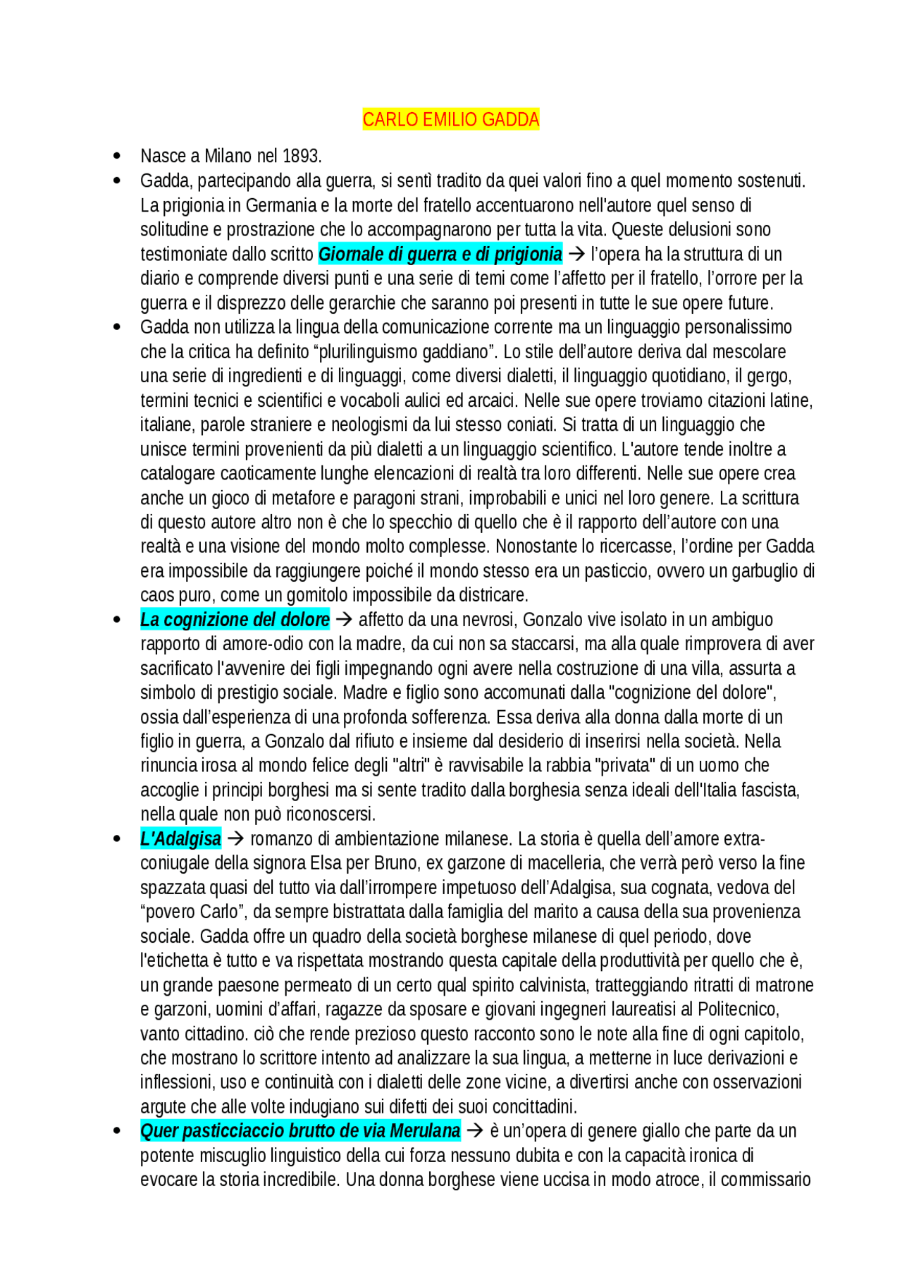 Riassunto Vita E Opere C E Gadda Docsity