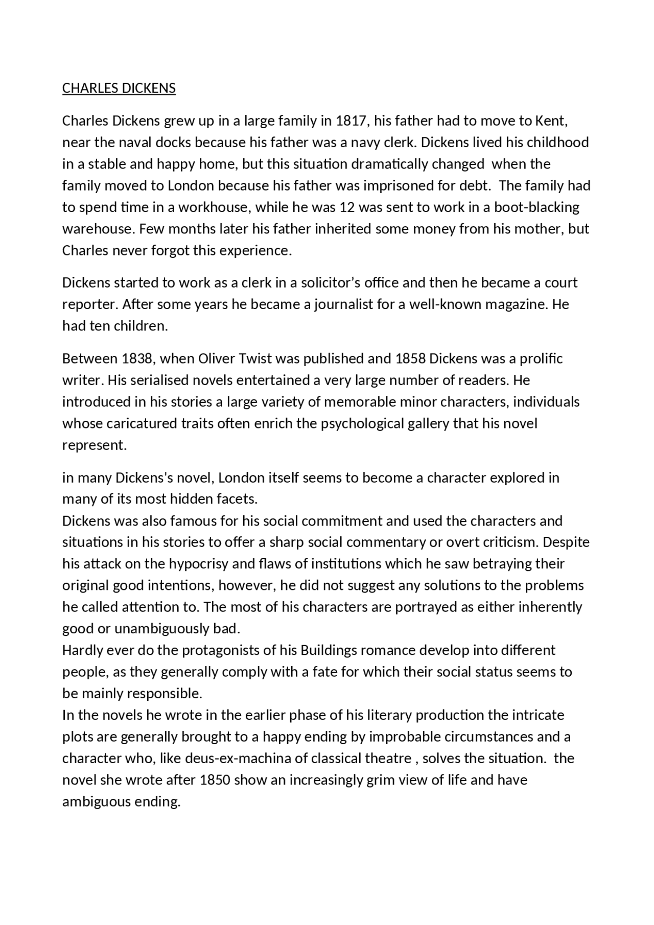 Biography Of Charles Dickens Docsity