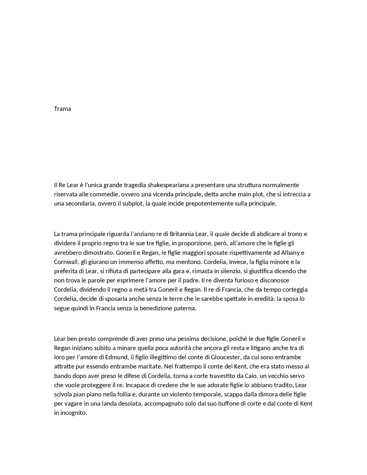 Trama re Lear di William Shakespeare - Docsity