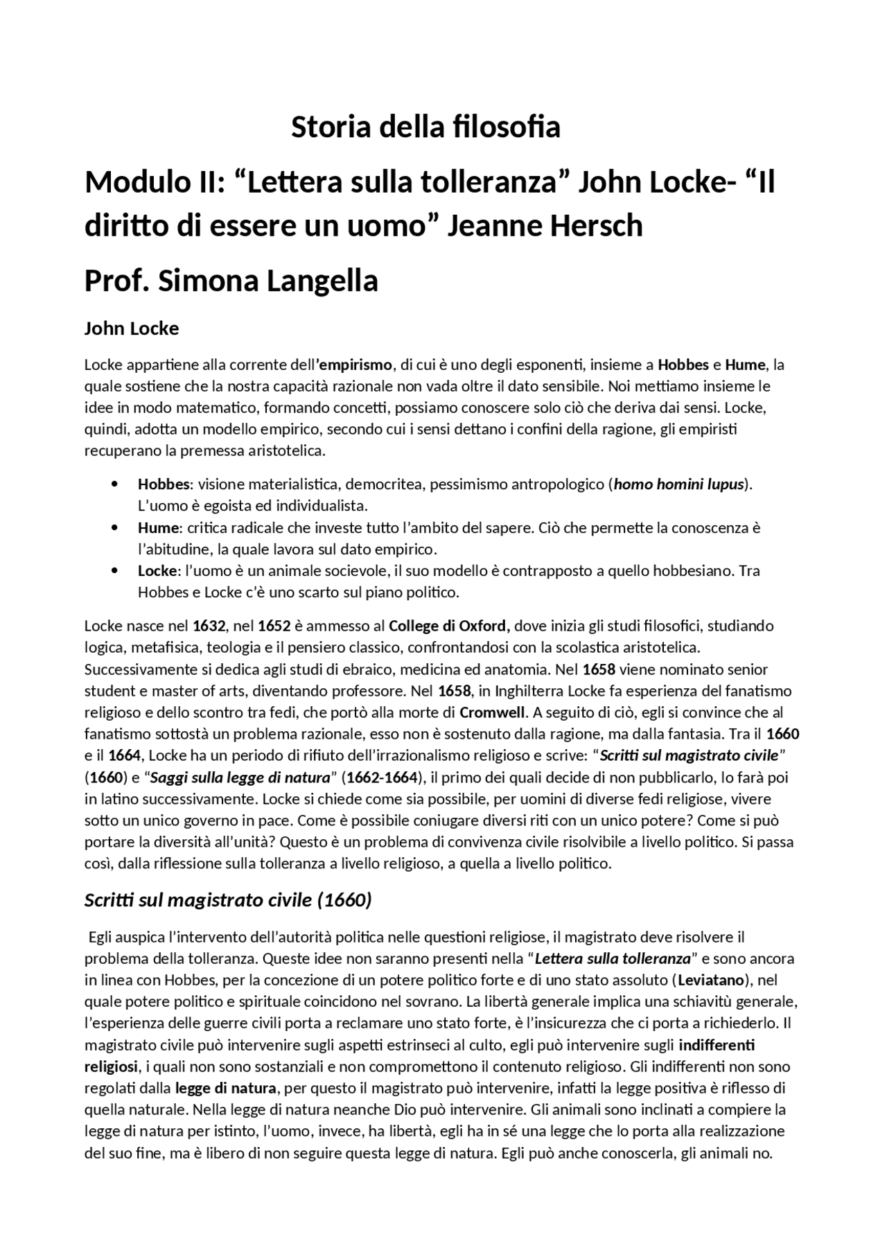 Appunti di storia della filosofia ("Lettera sulla tolleranza" di Locke ...