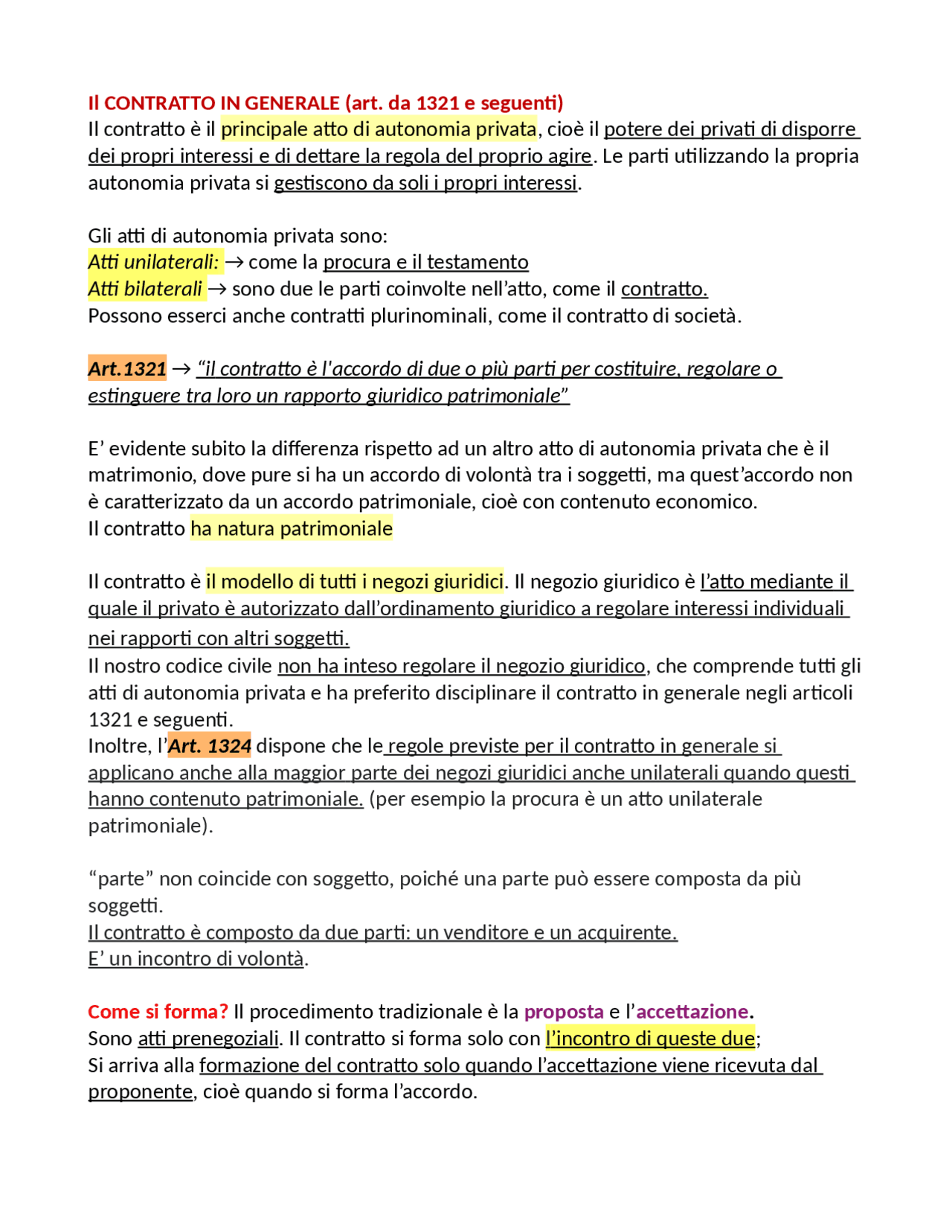 Il contratto - diritto privato - Docsity