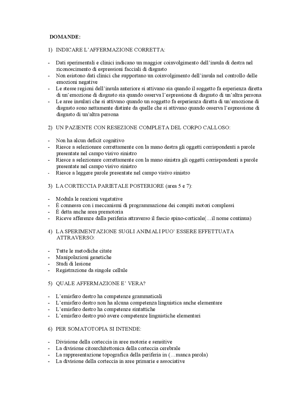 Domande Neuroscienze Docsity