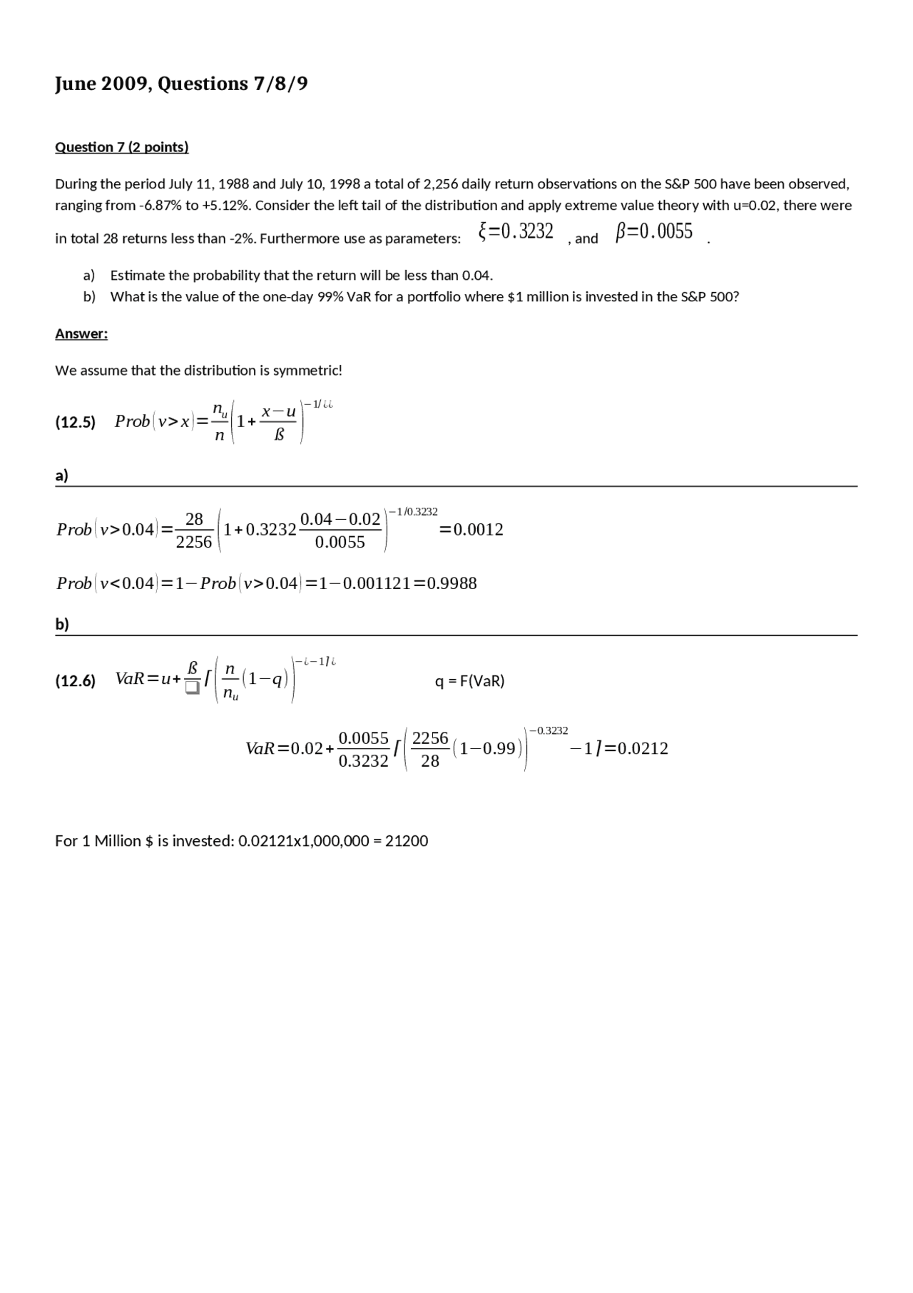 Solution Risk Exam June 2009 Docsity