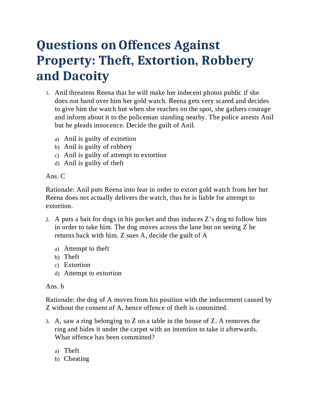 Criminal Law, theft, robbery, extortion, dacoity question | Exams ...
