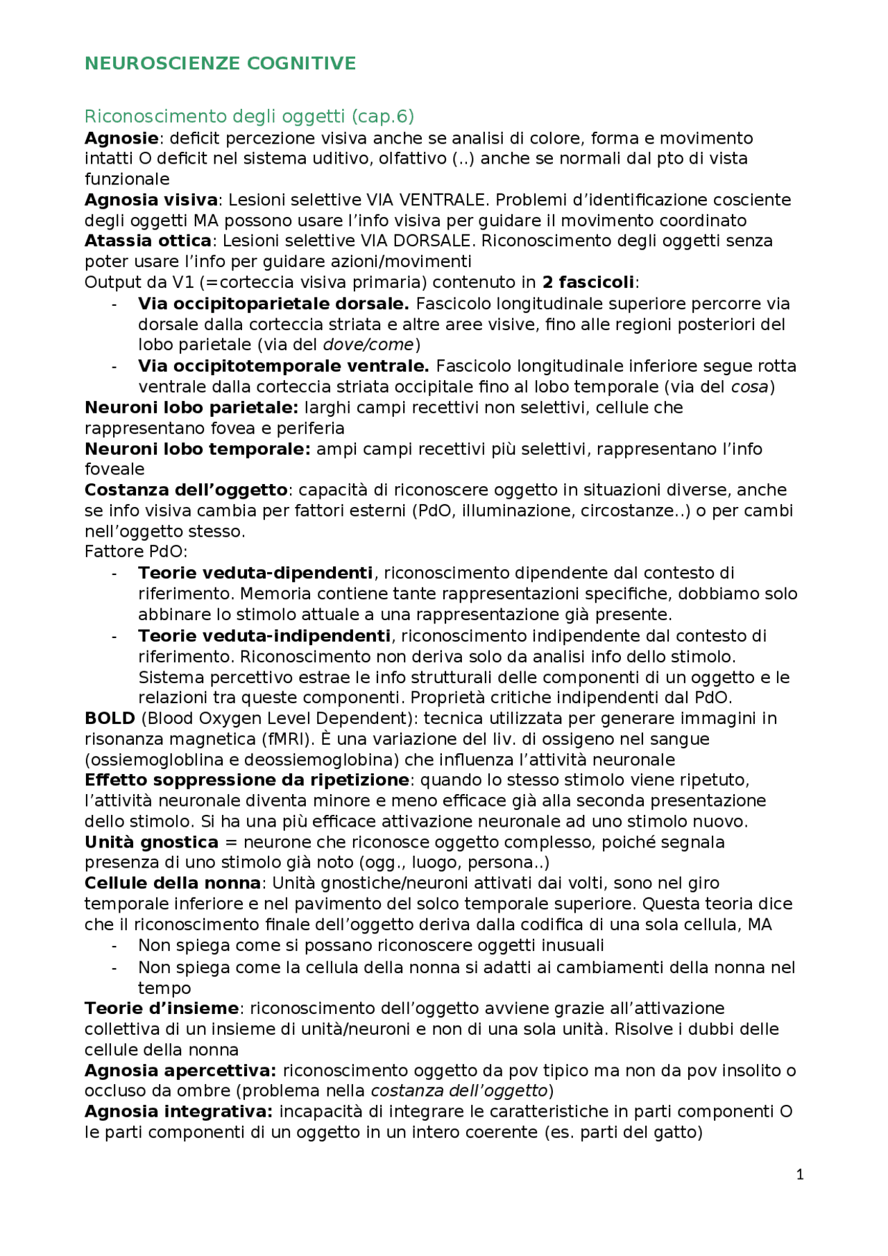 Neuroscienze Cognitive Docsity