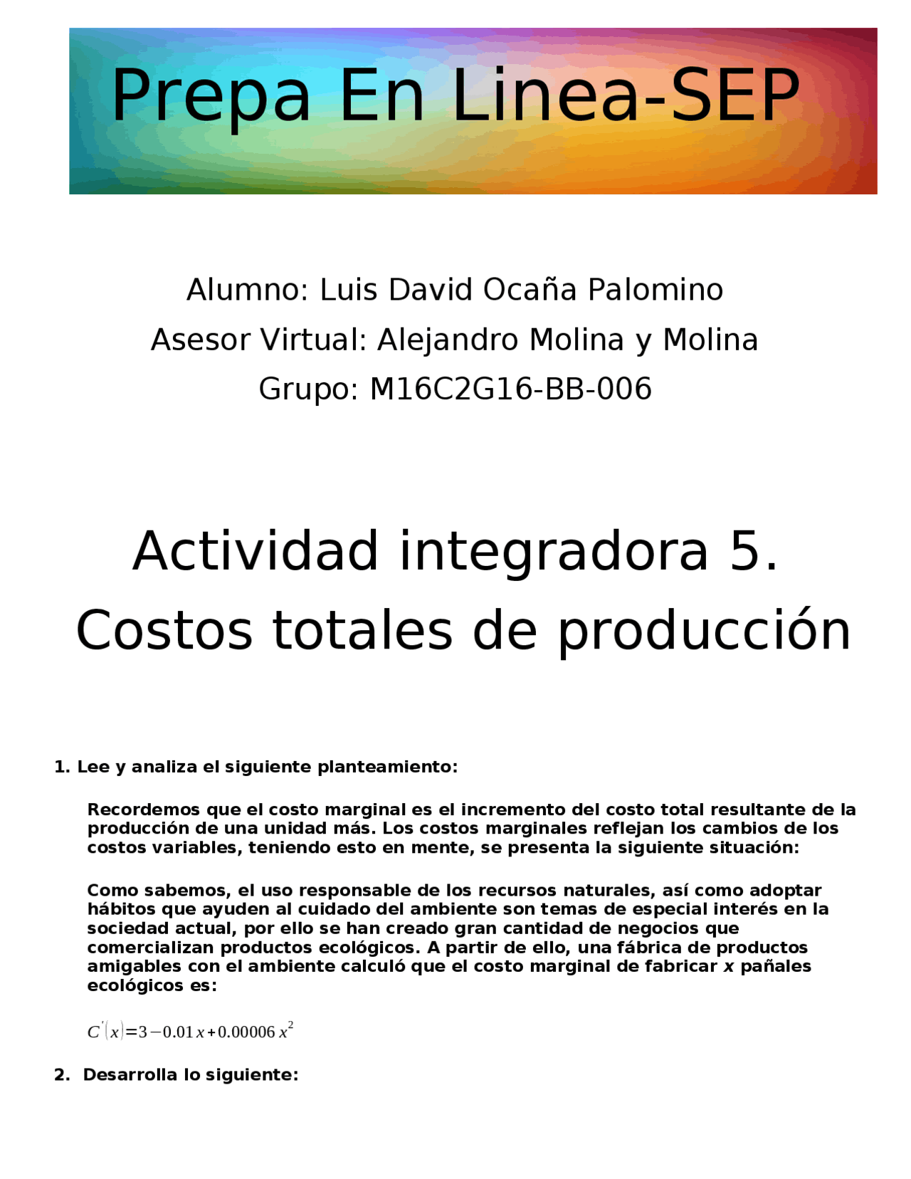 Actividad Integradora 5 Costos Totales De Producción M18s3 Docsity