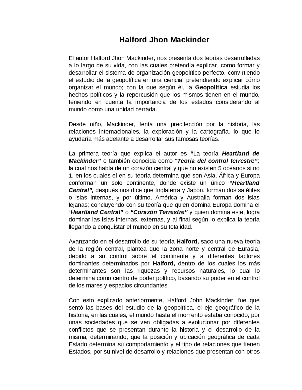 Heartland la teoroa de mackinder - Docsity