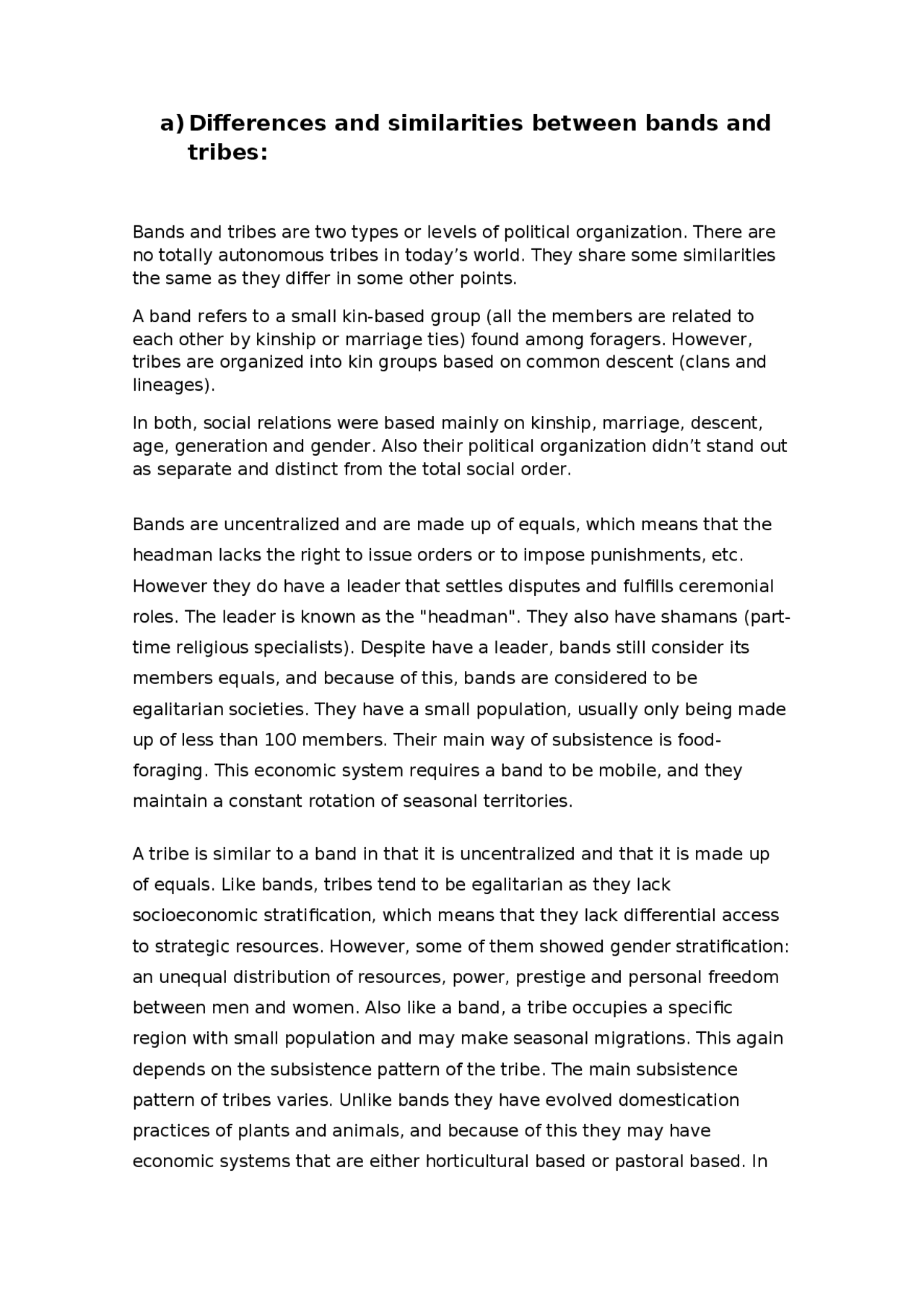 Differences and similarities between bands and tribes - Docsity