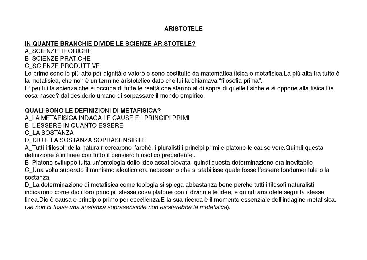 Schema Sul Pensiero Filosofico Di Aristotele Docsity