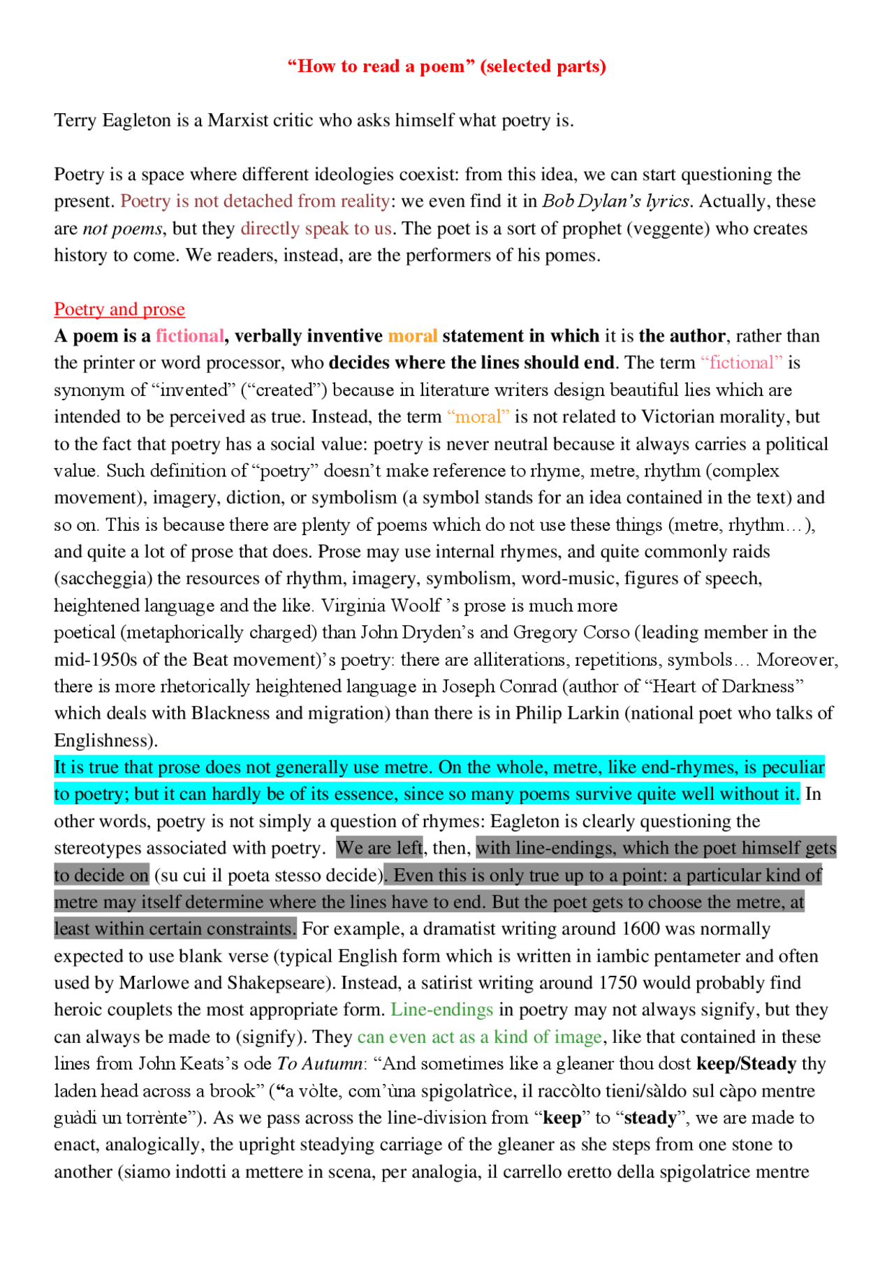Riassunto di alcune parti di "How to read a poem" - Docsity