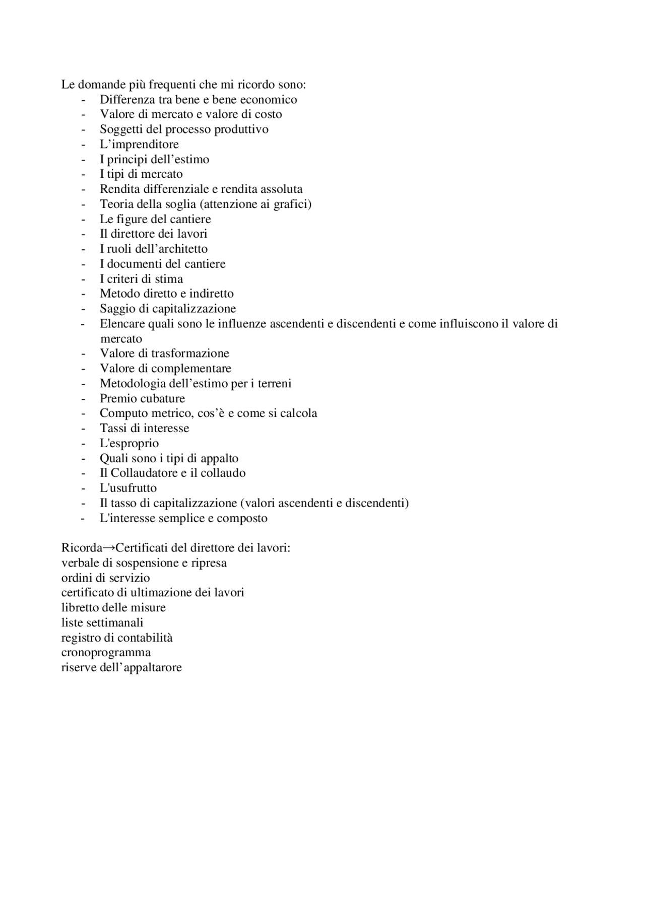 Domande Estimo Prof Campo Prove Desame Di Estimo Docsity