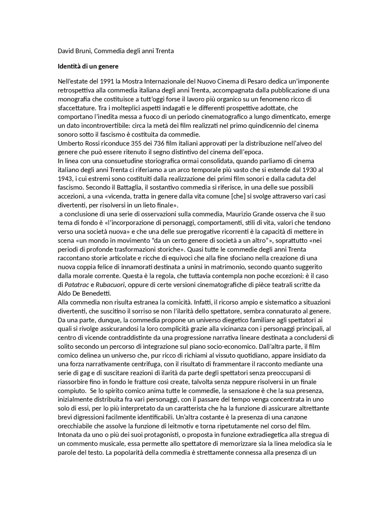 Commedia Degli Anni Trenta David Bruni Docsity