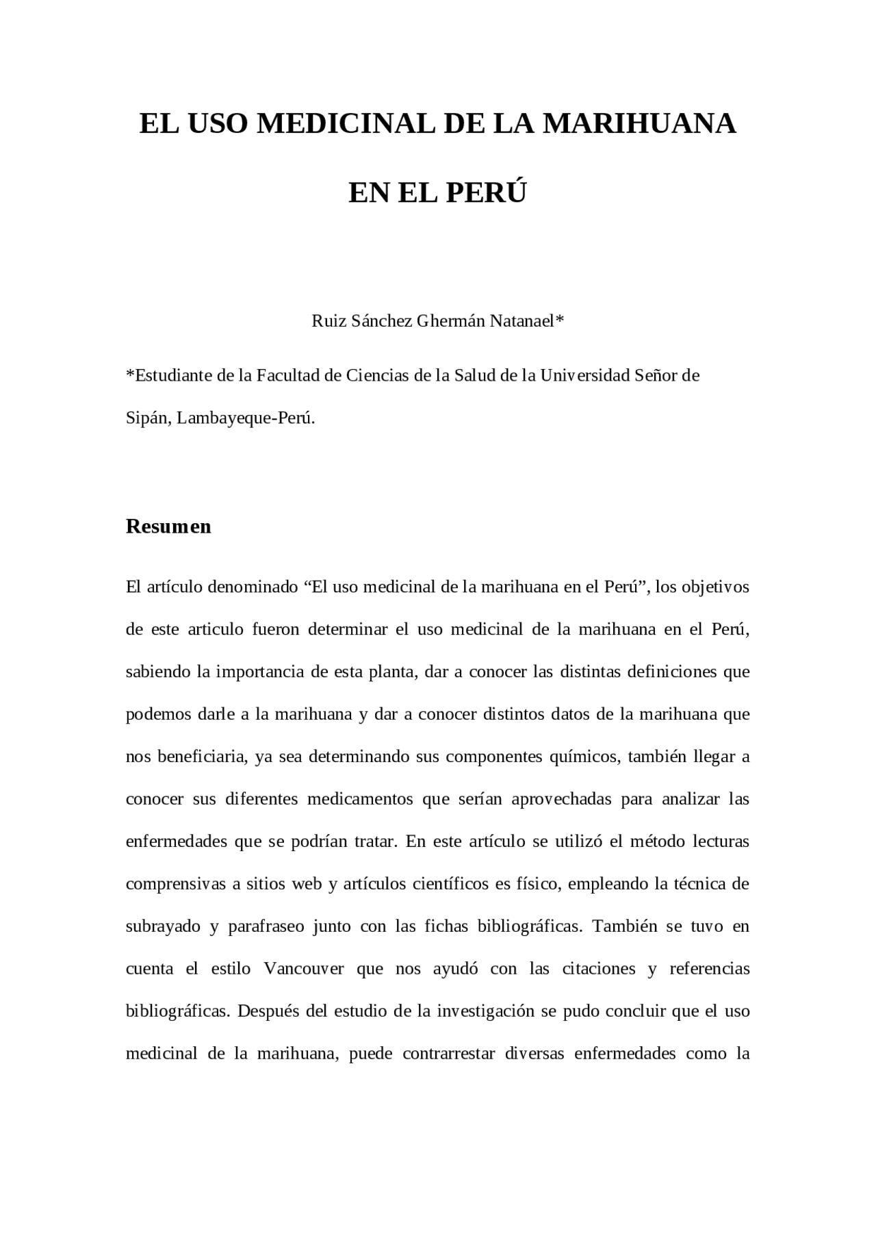 Uso Medicinal De La Marihuana Articulo Científico - Docsity