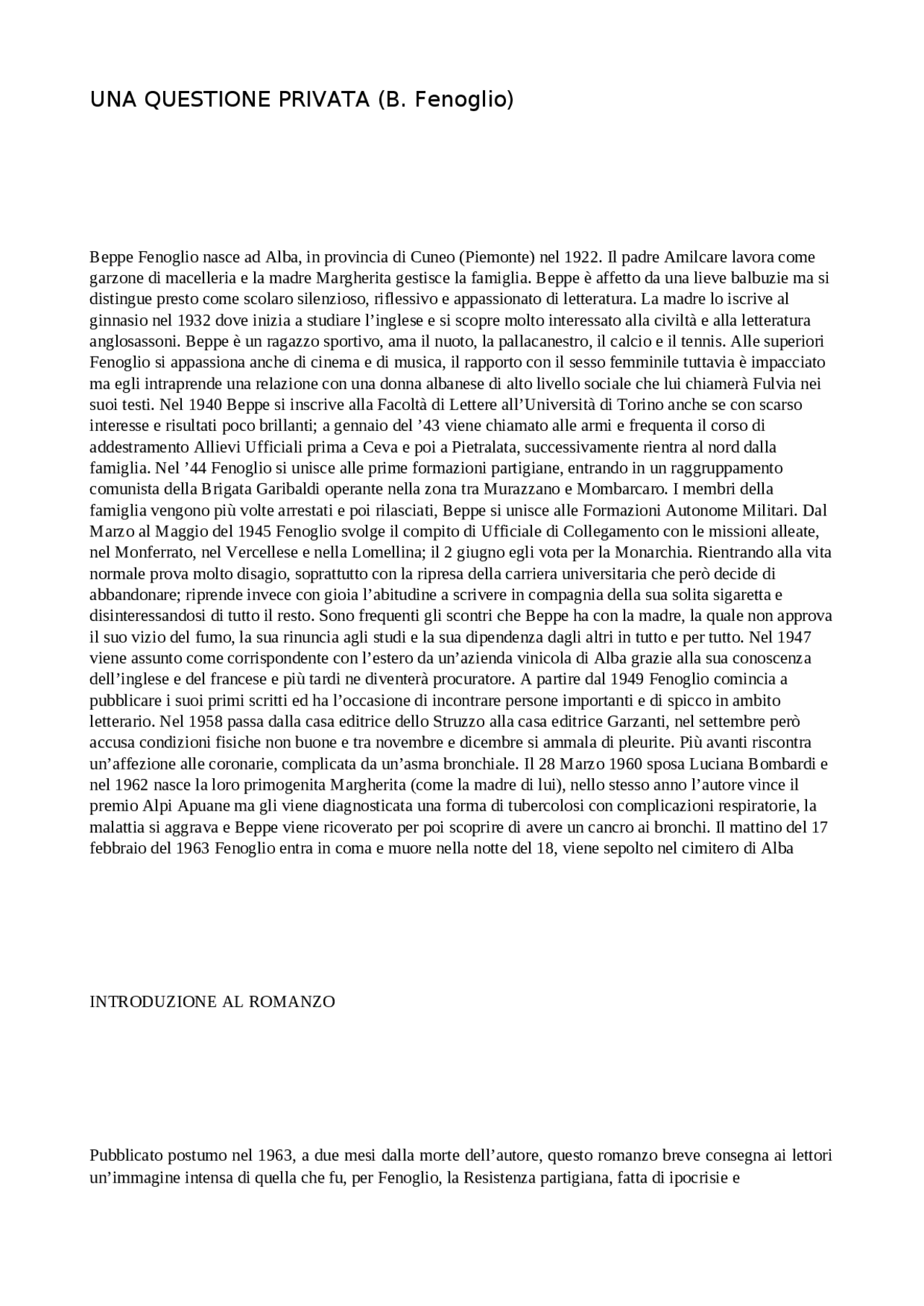 Una Questione Privata B Fenoglio Docsity