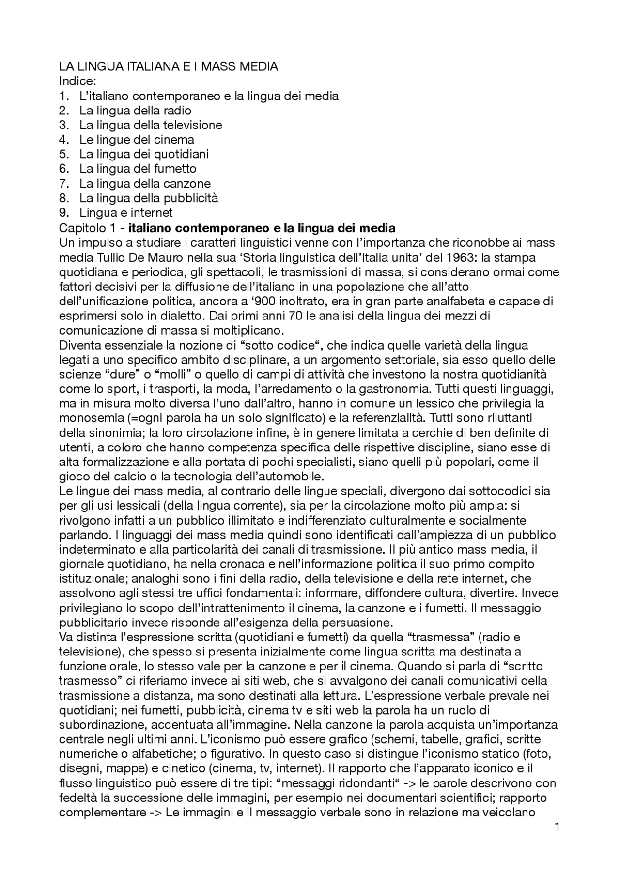 Riassunto libri 'La lingua italiana e i mass media' e 'L'italiano nella ...