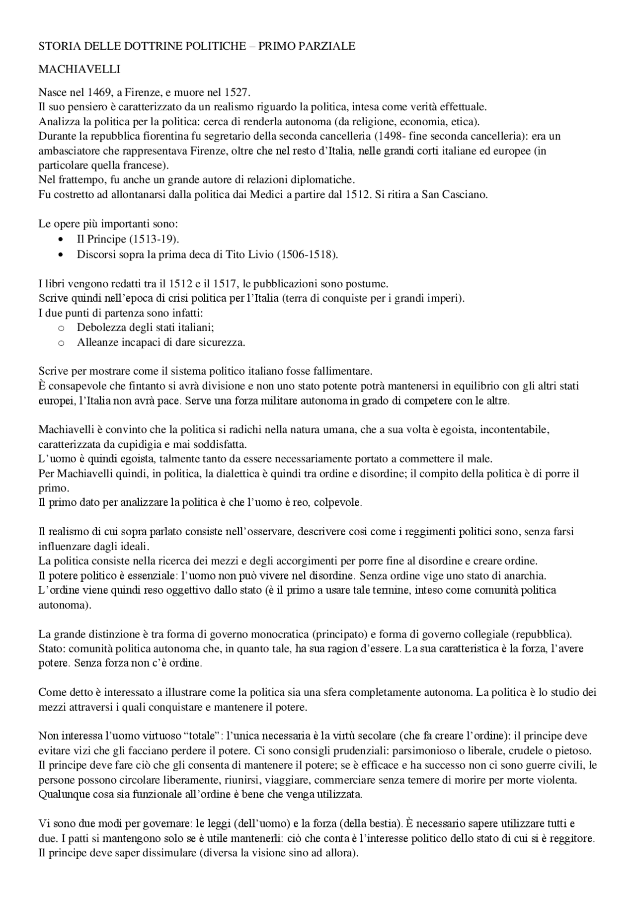 Appunti 1° Parziale Storia Delle Dottrine Politiche Unibo Docsity