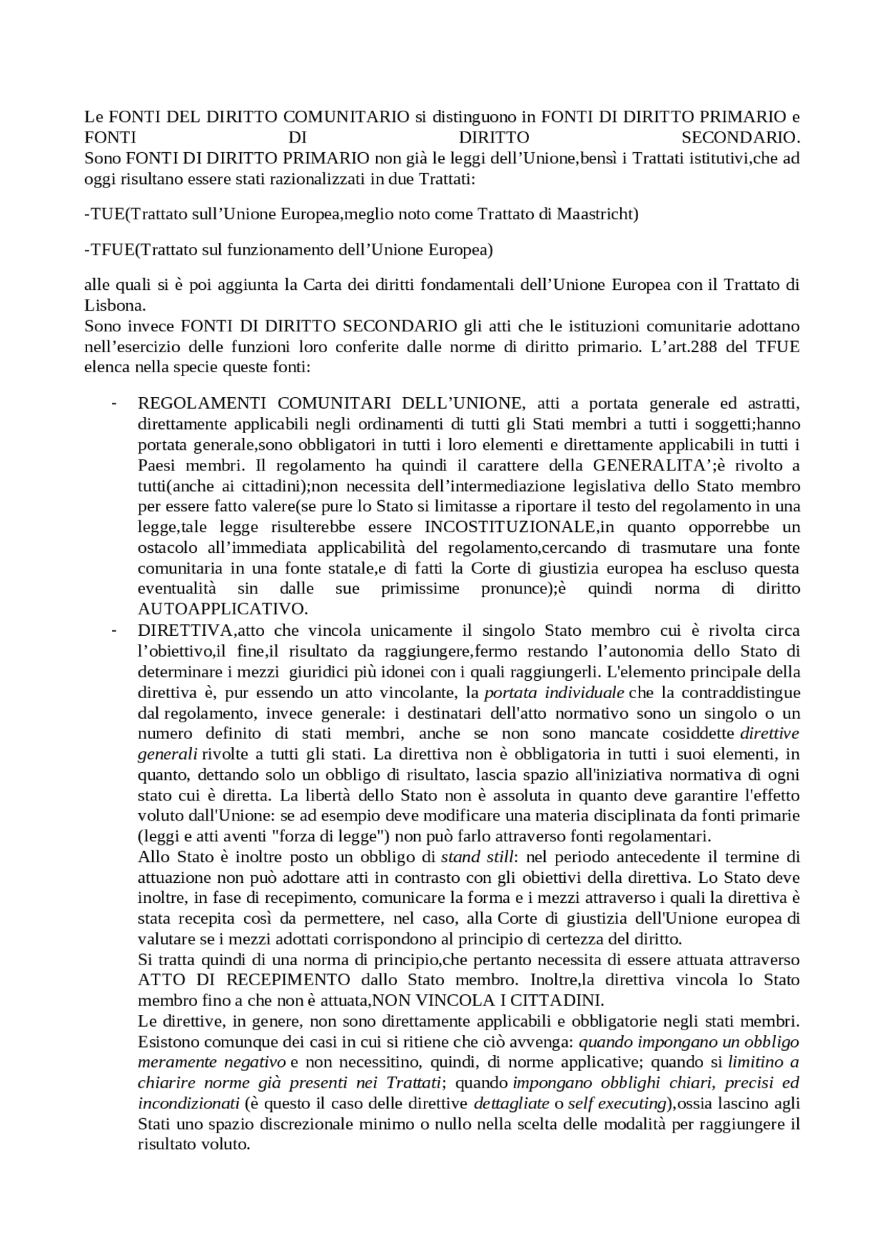 Le fonti del diritto comunitario - Docsity