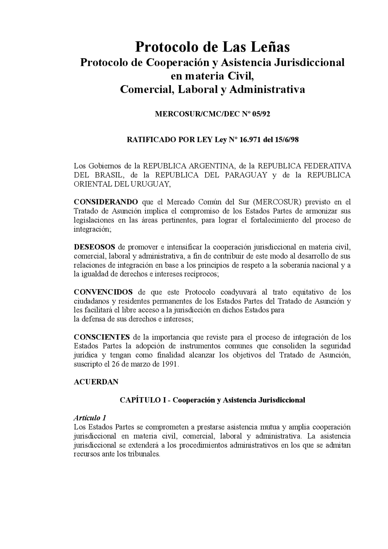 Protocolo de Las Leñas. - Docsity