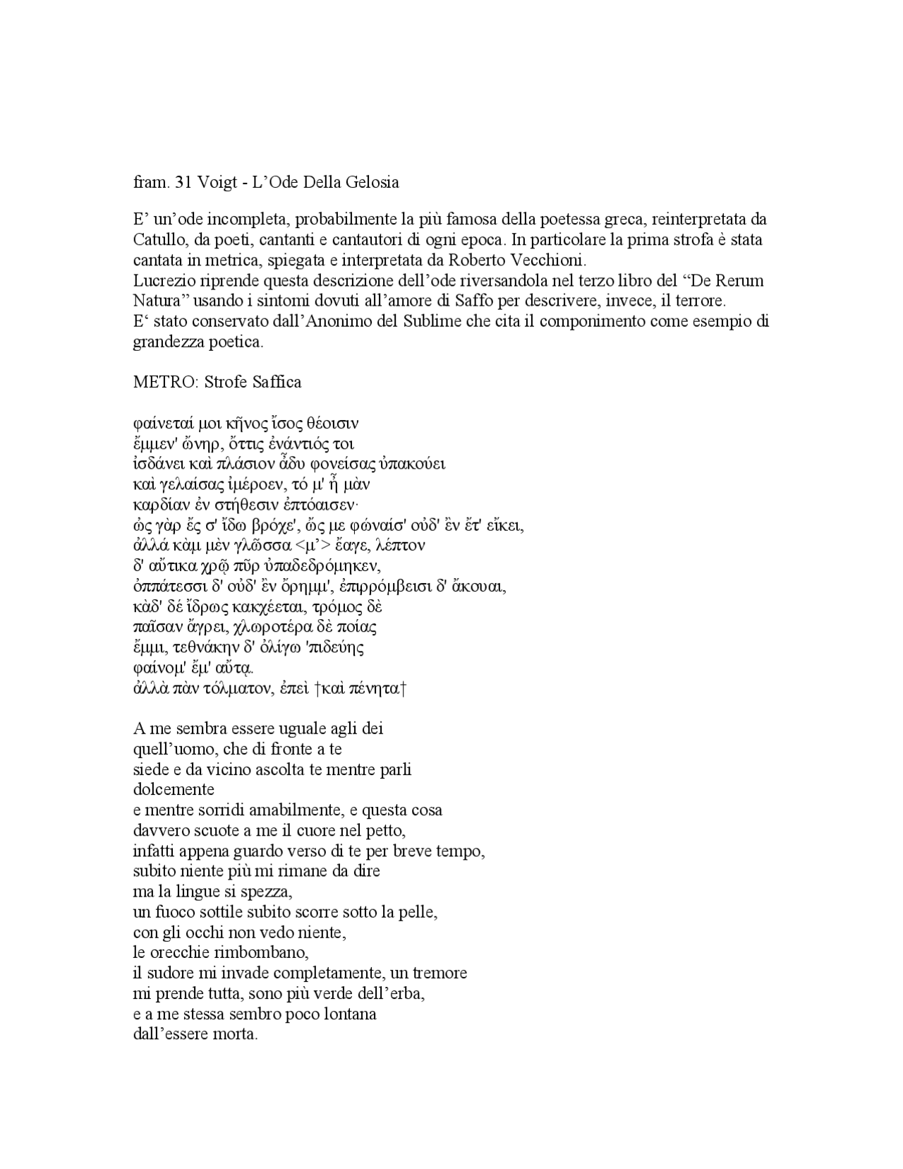 Lode Della Gelosia Saffo Appunti Di Greco Docsity