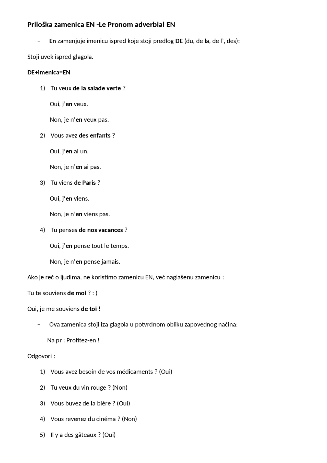 Francuski Le Pronom adverbial EN | Rezime' predlog Francuski jezik ...