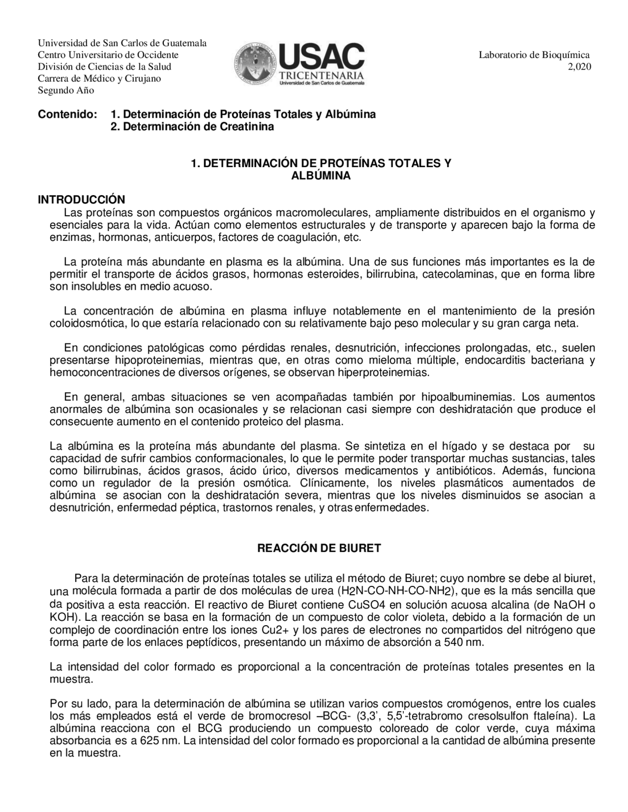 Proteinas Totales Albúmina Y Creatinina Docsity