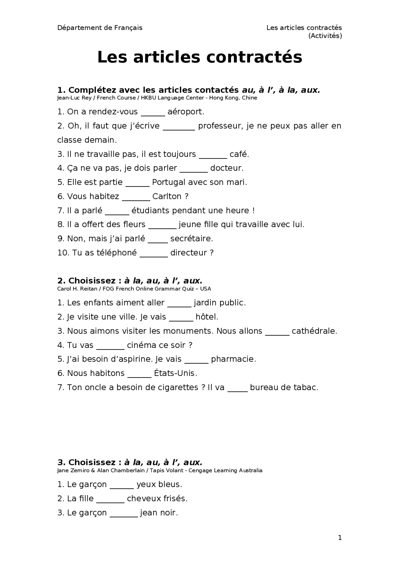 Francuski Les articles contractés (vežbanja) | Vežbe' predlog Francuski ...
