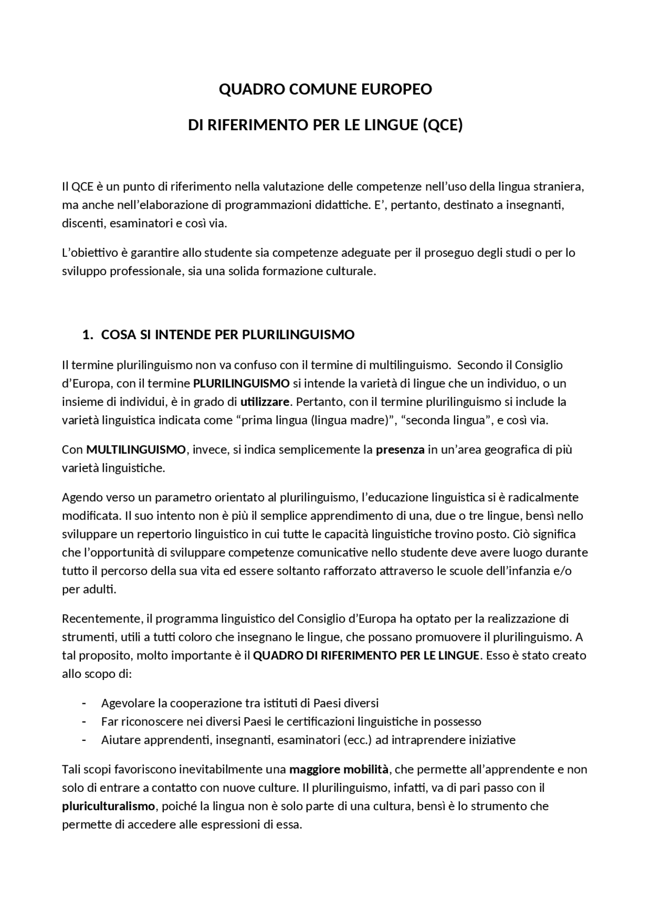 QUADRO COMUNE EUROPEO DI RIFERIMENTO - Docsity