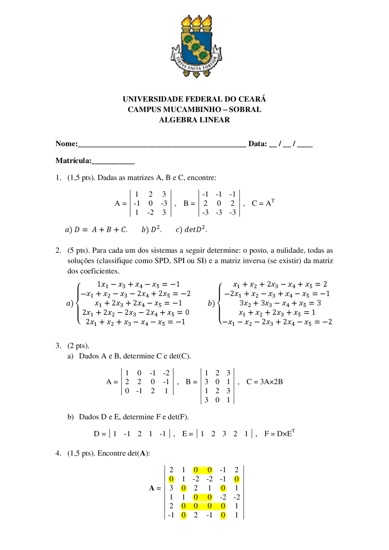 Exercícios Matrizes Determinantes Docsity