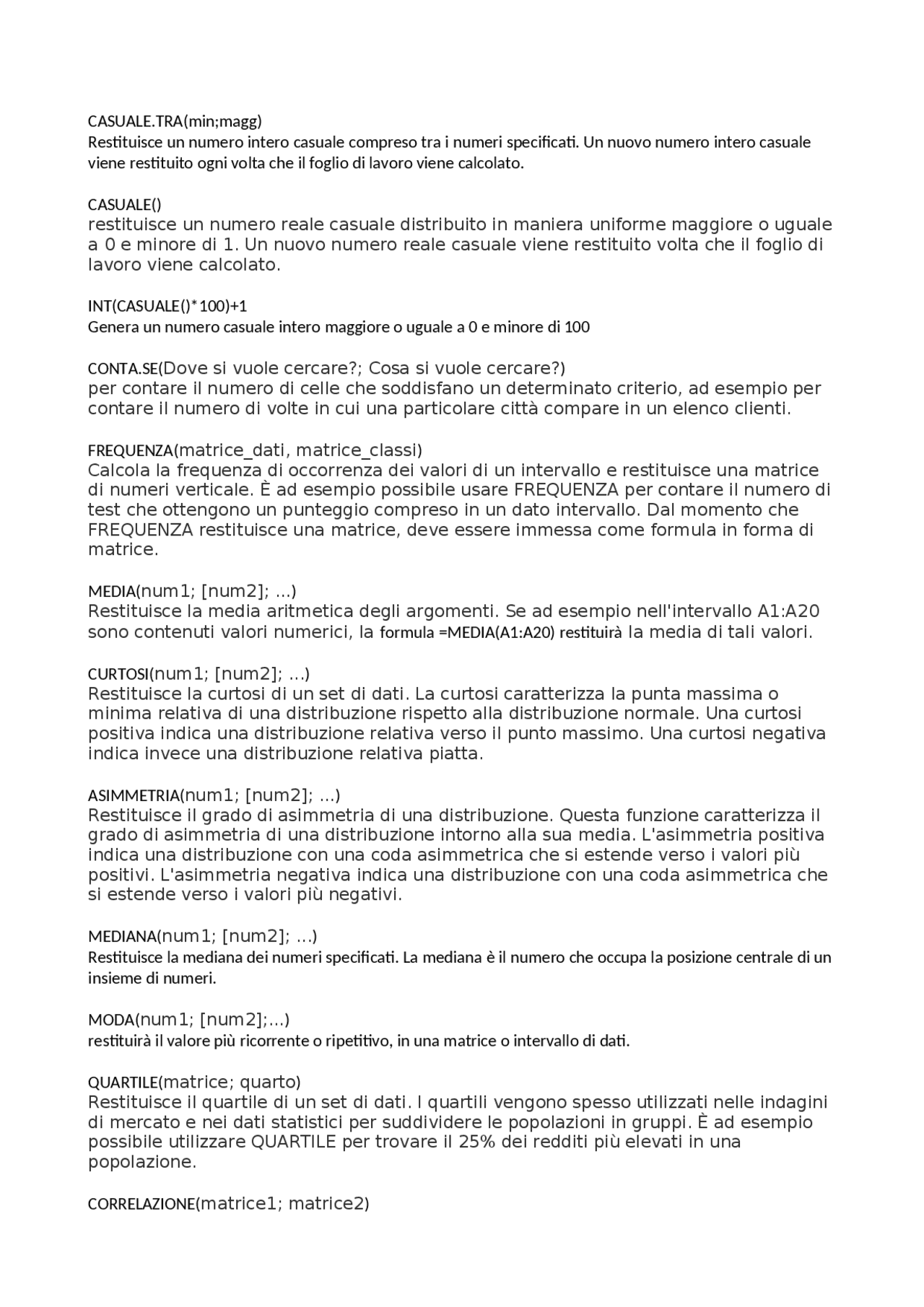 Funzioni Di Excel Per Esame Di Statistica Docsity