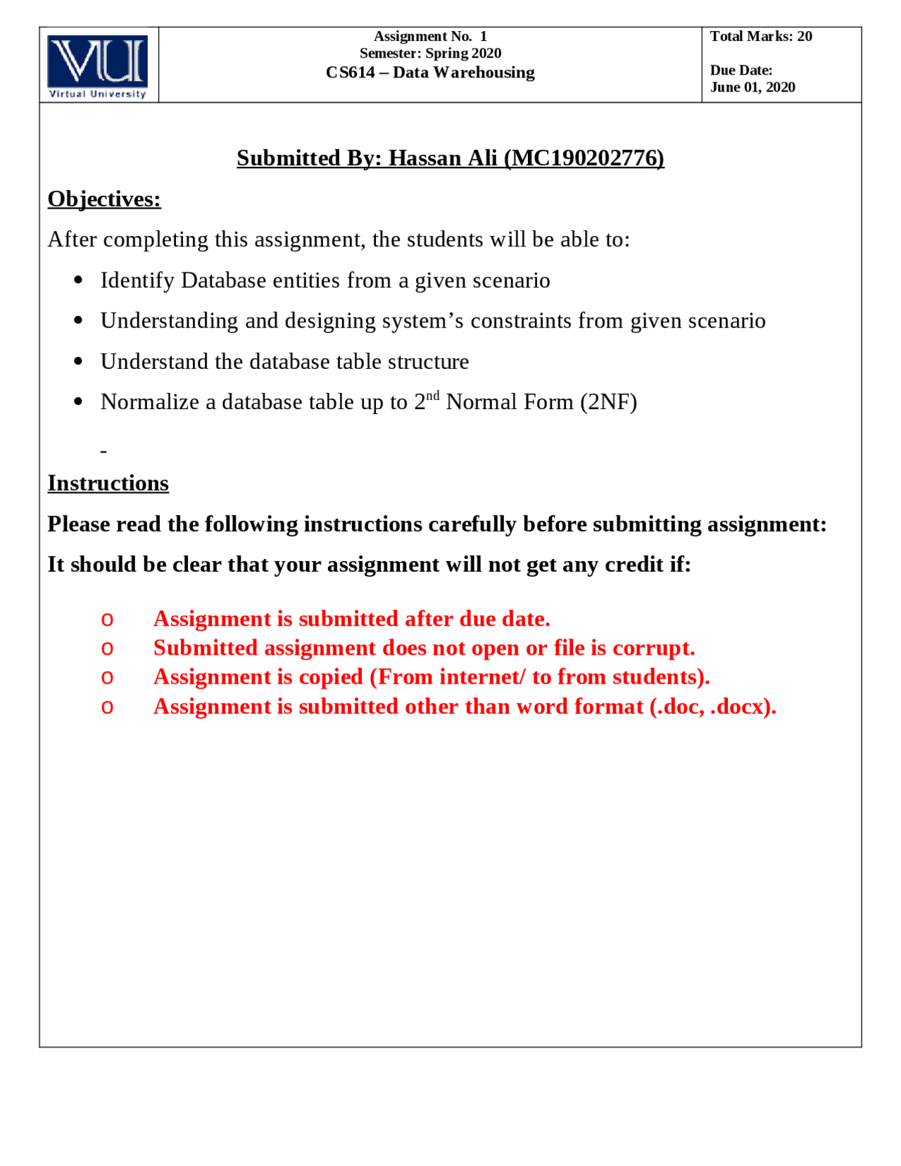 Data Warehousing Assignment No 1 Assignments Data Warehousing Docsity