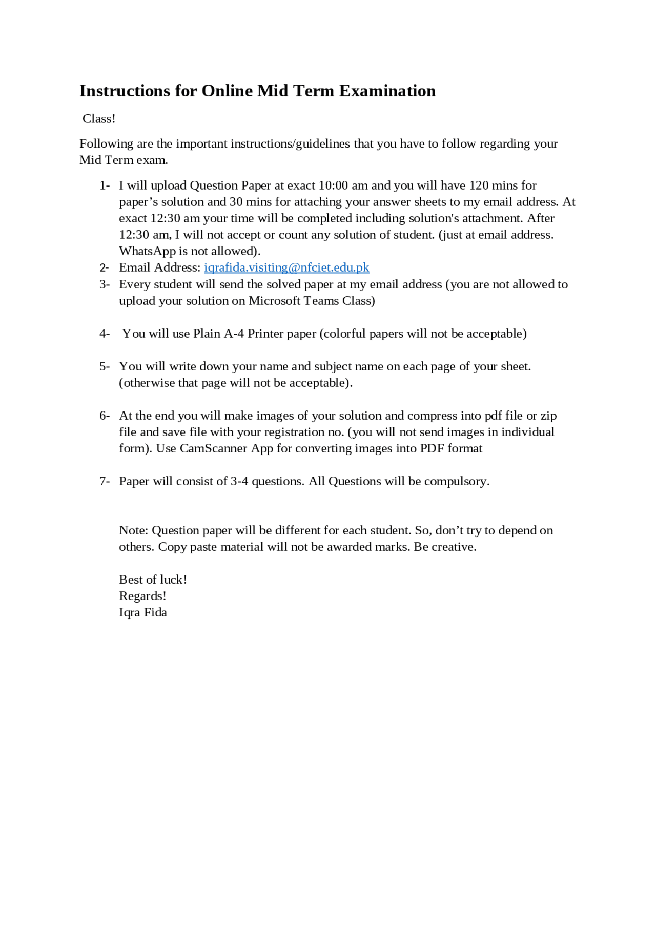 Online Exam Instructions Docsity