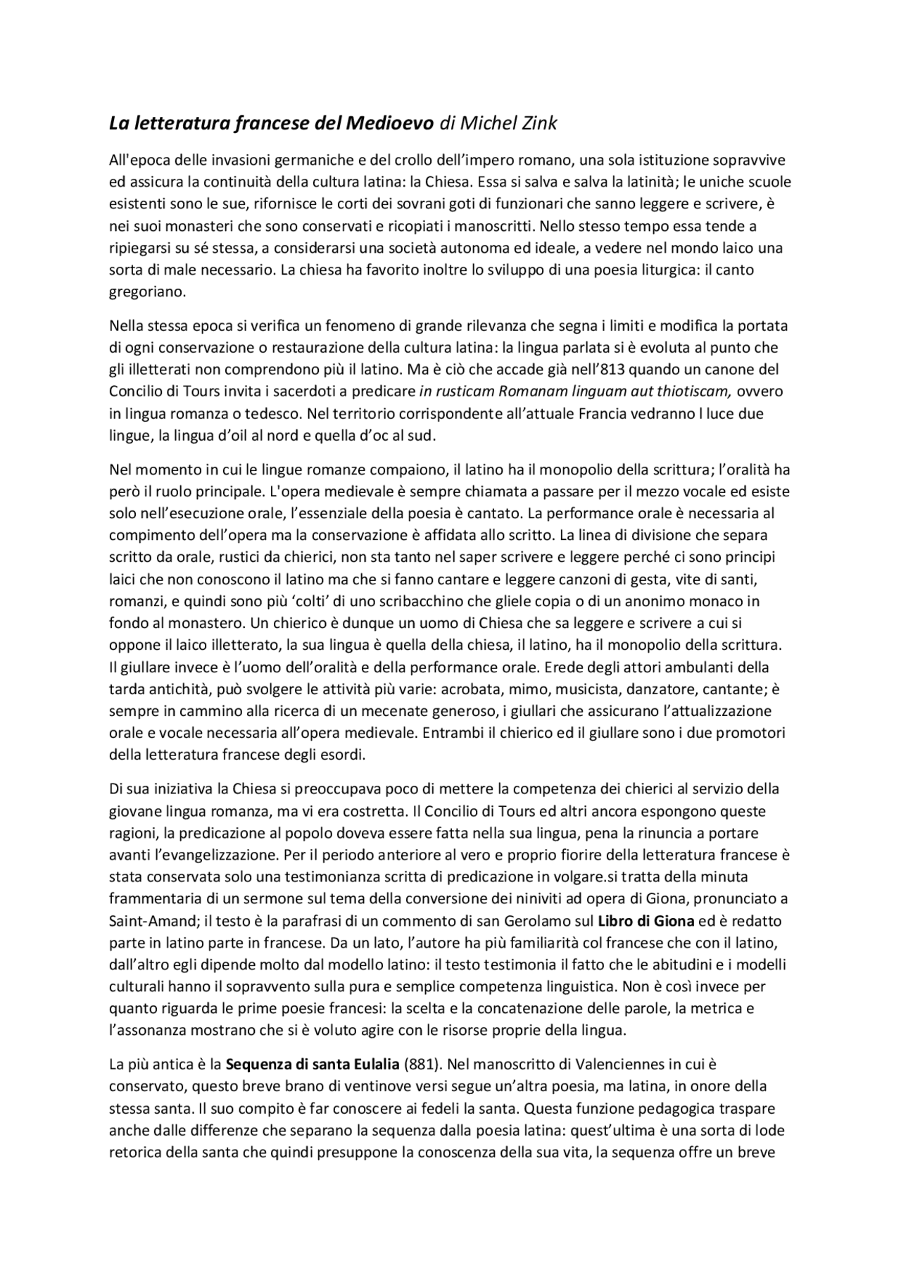 La Letteratura Francese Del Medioevo Di Michel Zink Docsity