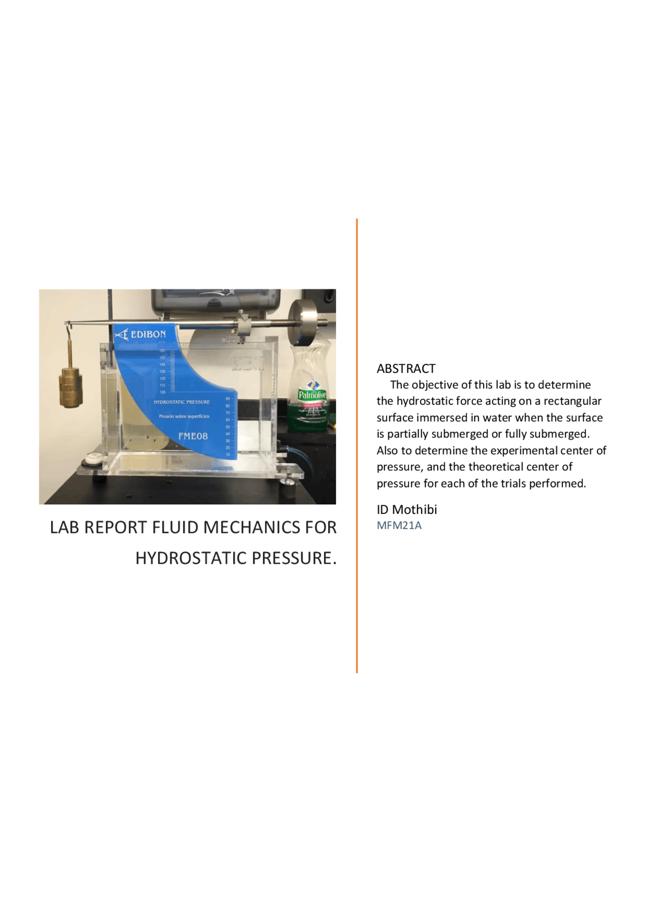 Hydro-static lab report | Lab Reports Fluid Mechanics | Docsity