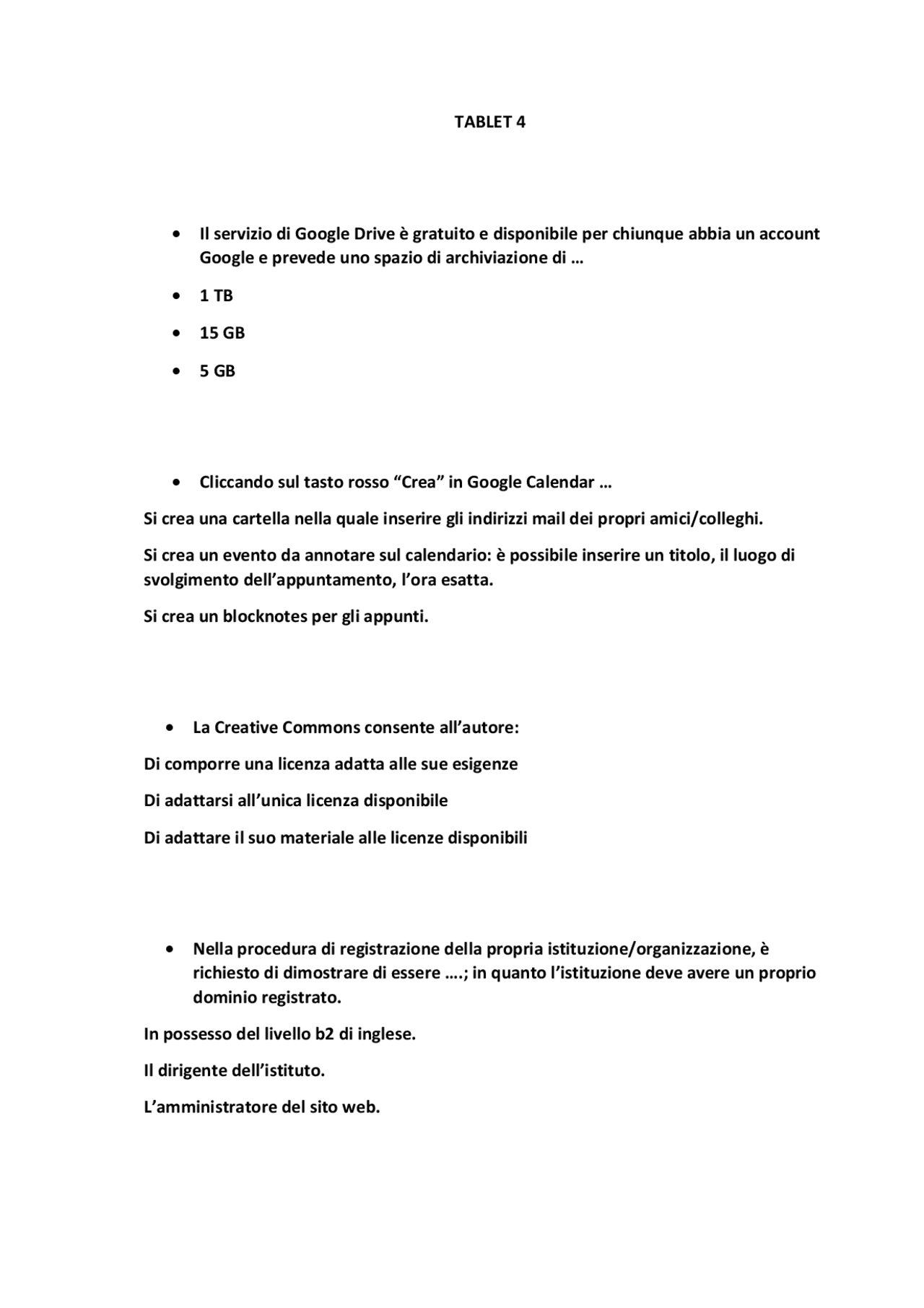 RISPOSTE QUIZ TABLET EIPASS MODULO 4 | Esercizi di Elementi di Informatica | Docsity