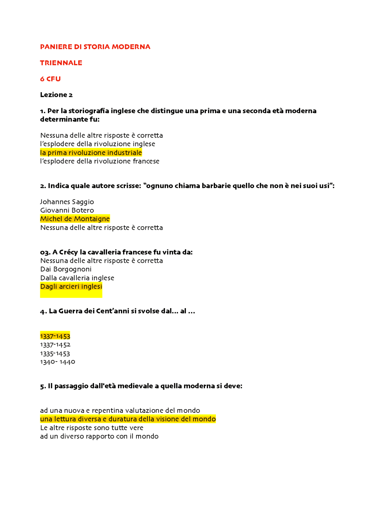 Paniere Di Storia Moderna Triennale 6 Cfu Docsity