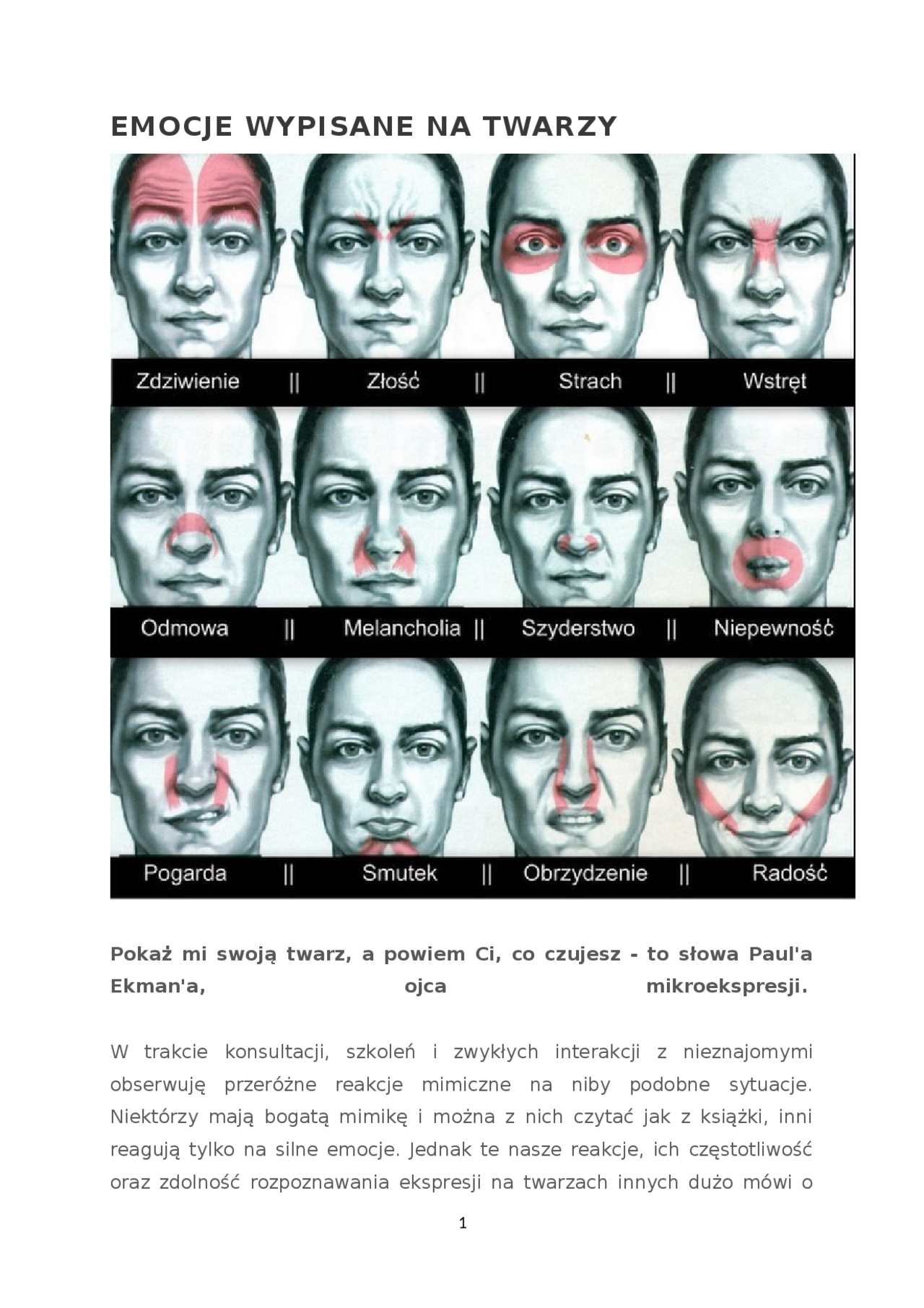 Mikromomika: ekspresja mimiczna wg. P. Ekmana, emocje podstawowe - Docsity