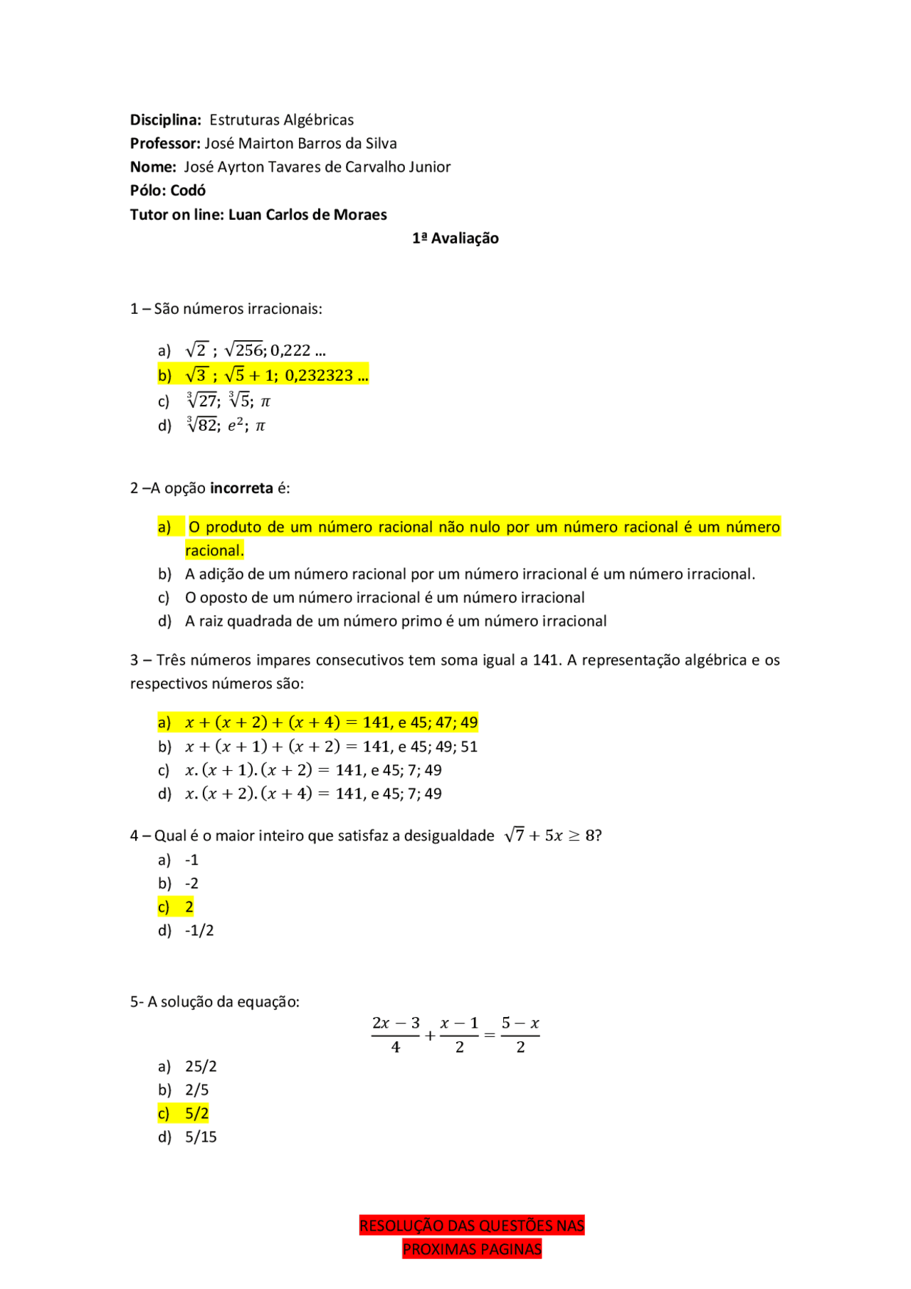 Avaliação De Calculo Docsity