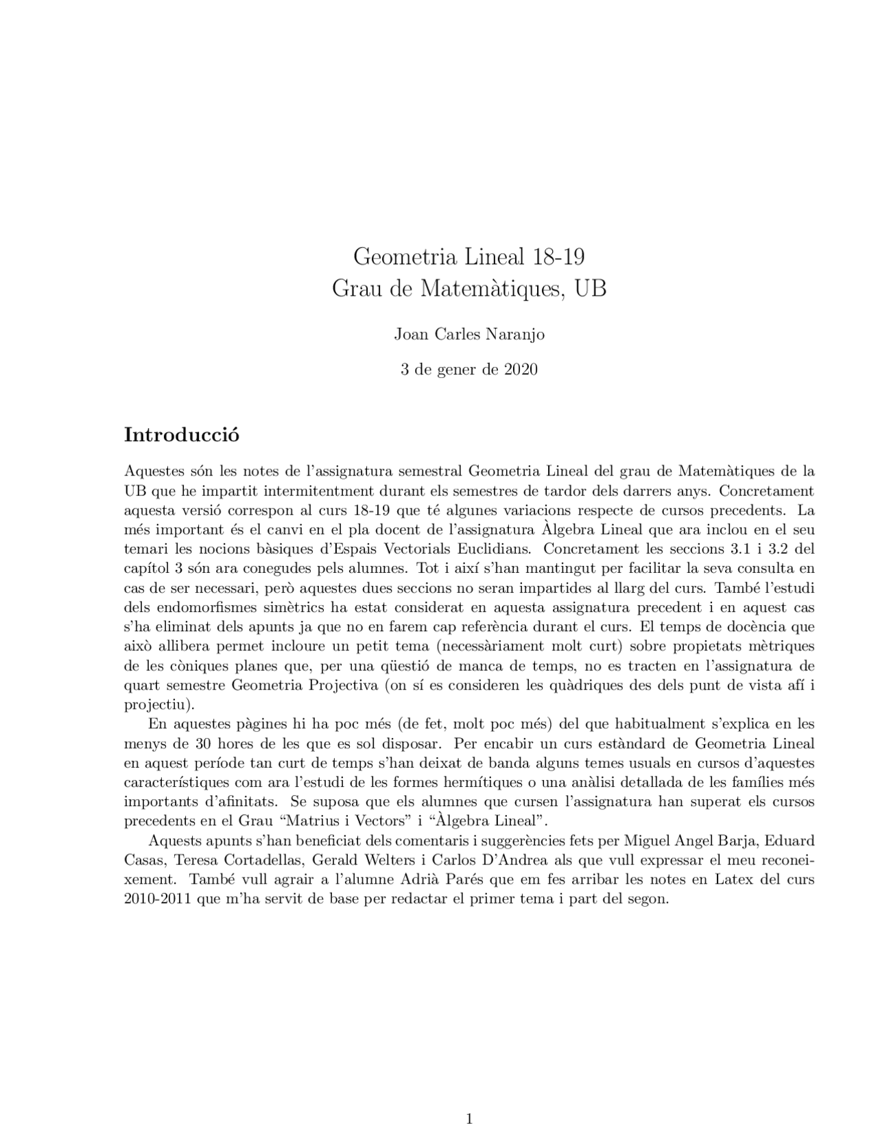 Geometria Lineal UB | Apuntes de Geometría | Docsity