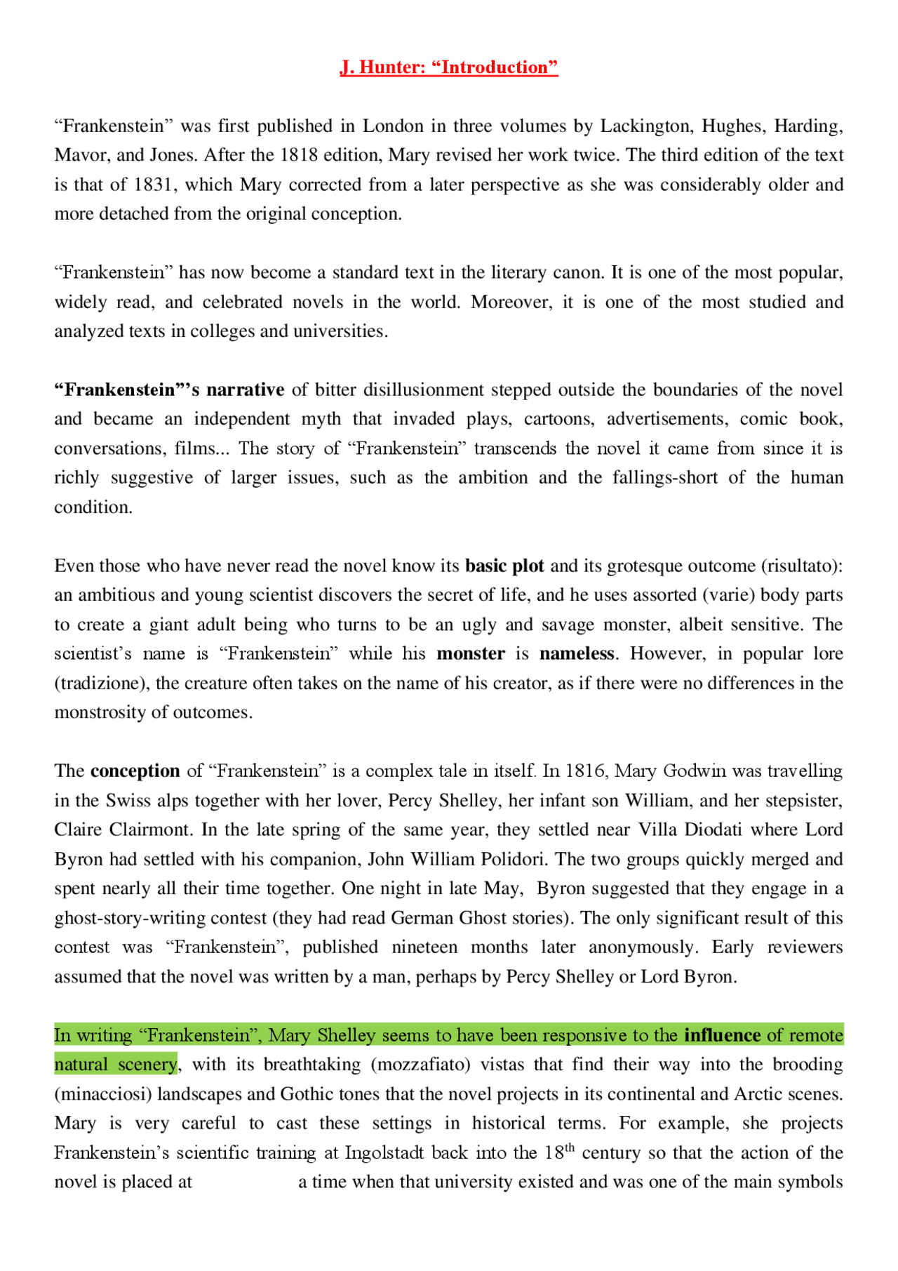 Riassunto Introduction To Frankenstein Hunter Docsity