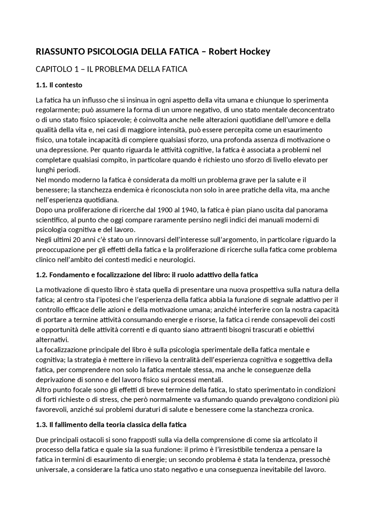 RIASSUNTO PSICOLOGIA DELLA FATICA DI ROBERT HOCKEY - Docsity