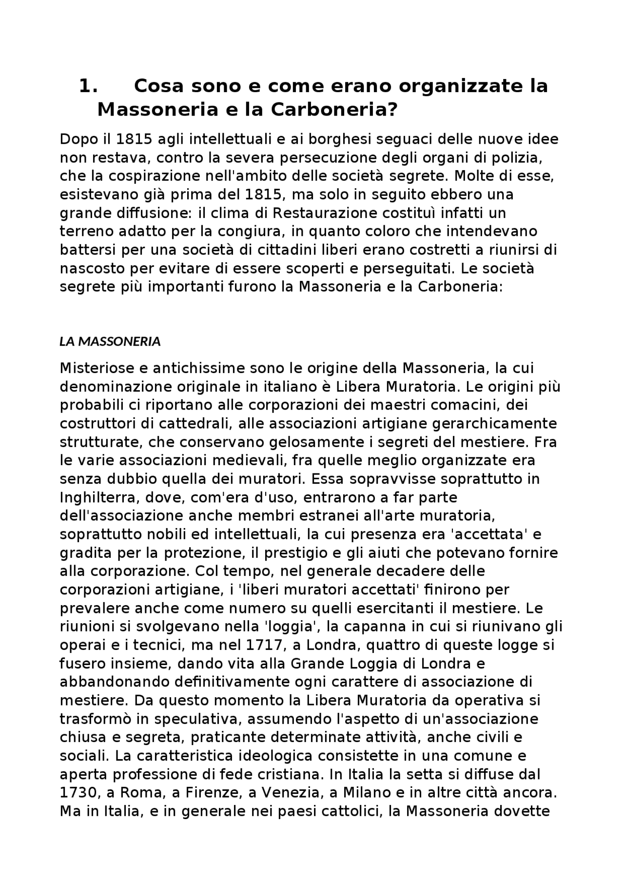 Carboneria E Massoneria Appunti Di Storia Docsity