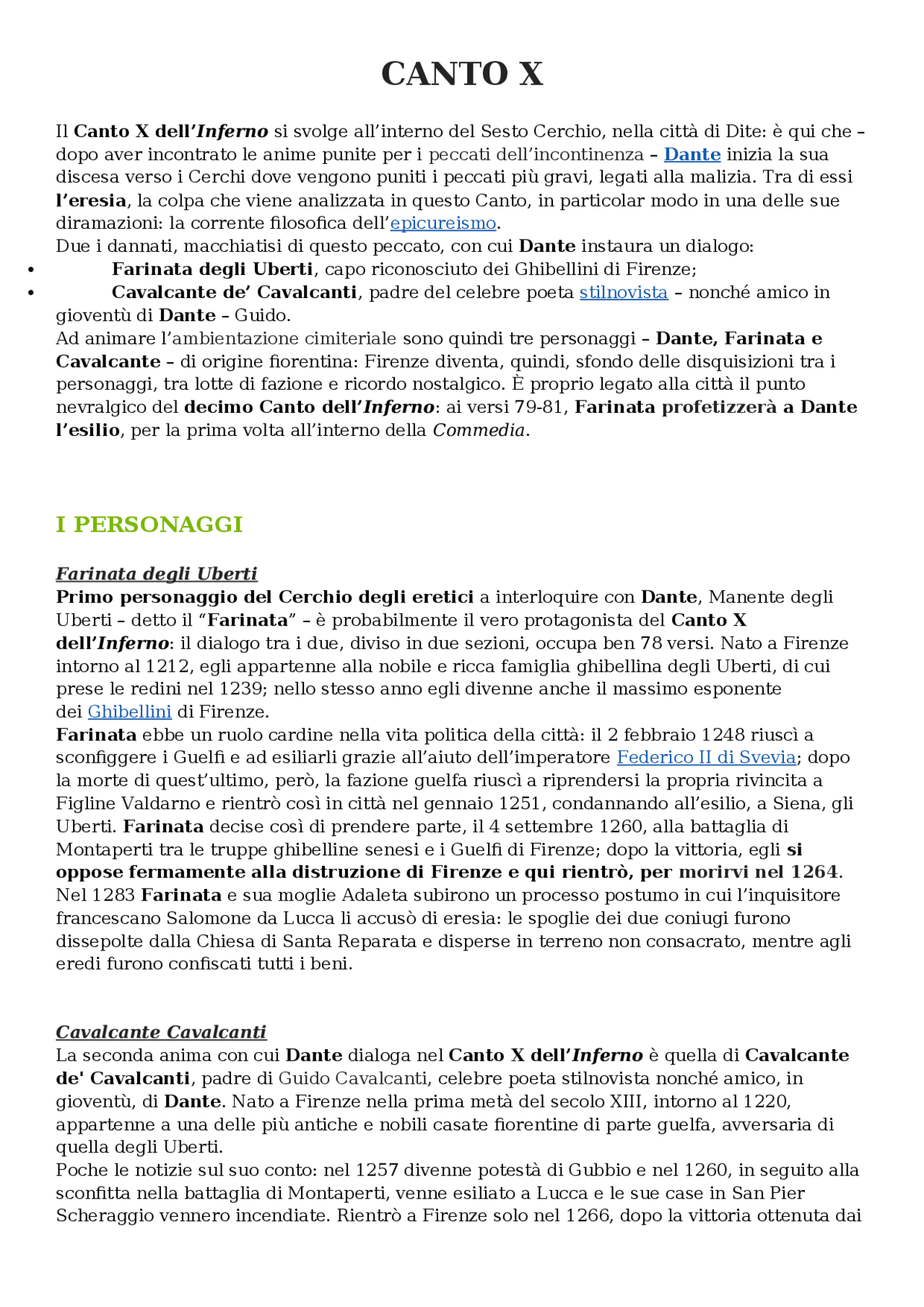 Riassunto e analisi CANTO X, divina commedia inferno - Docsity