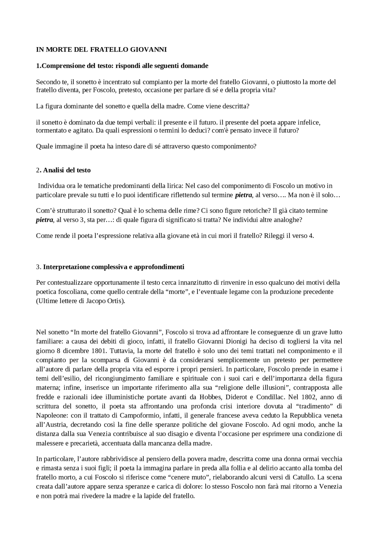 Recensione In Morte Del Fratello Giovanni Docsity