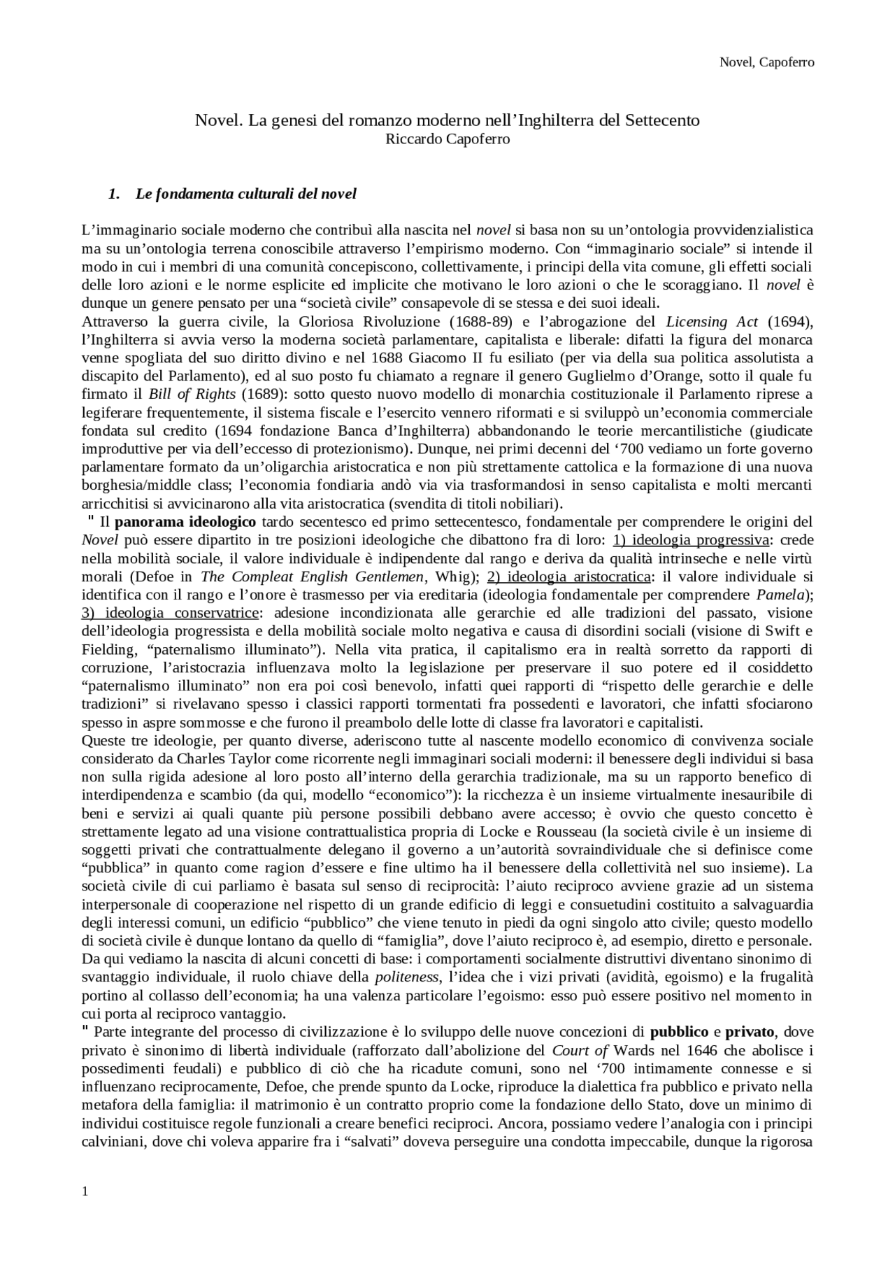 Riassunto Novel Capoferro Docsity