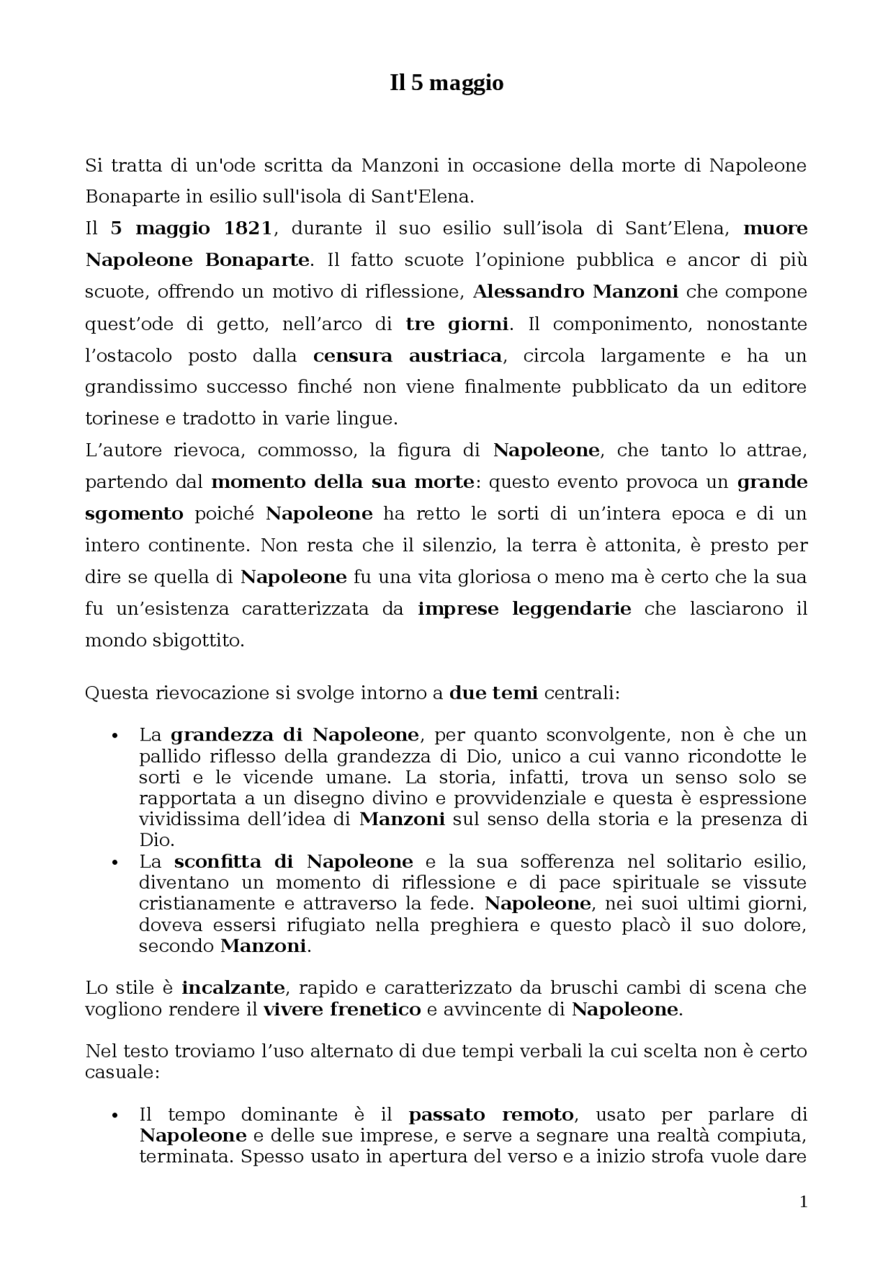 MANZONI: IL 5 MAGGIO, RIASSUNTO | Appunti di Italiano | Docsity