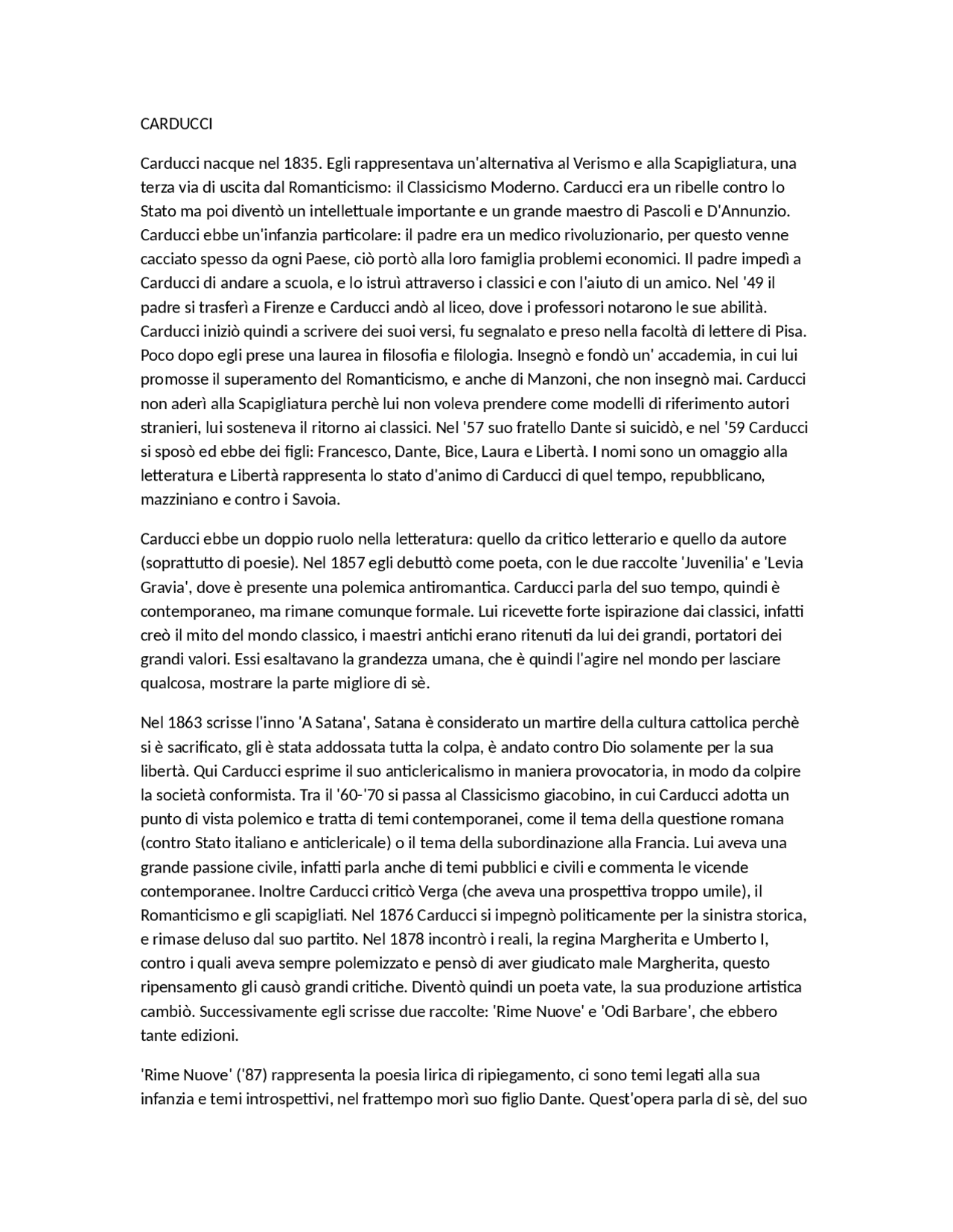 Carducci E Opere Principali Docsity
