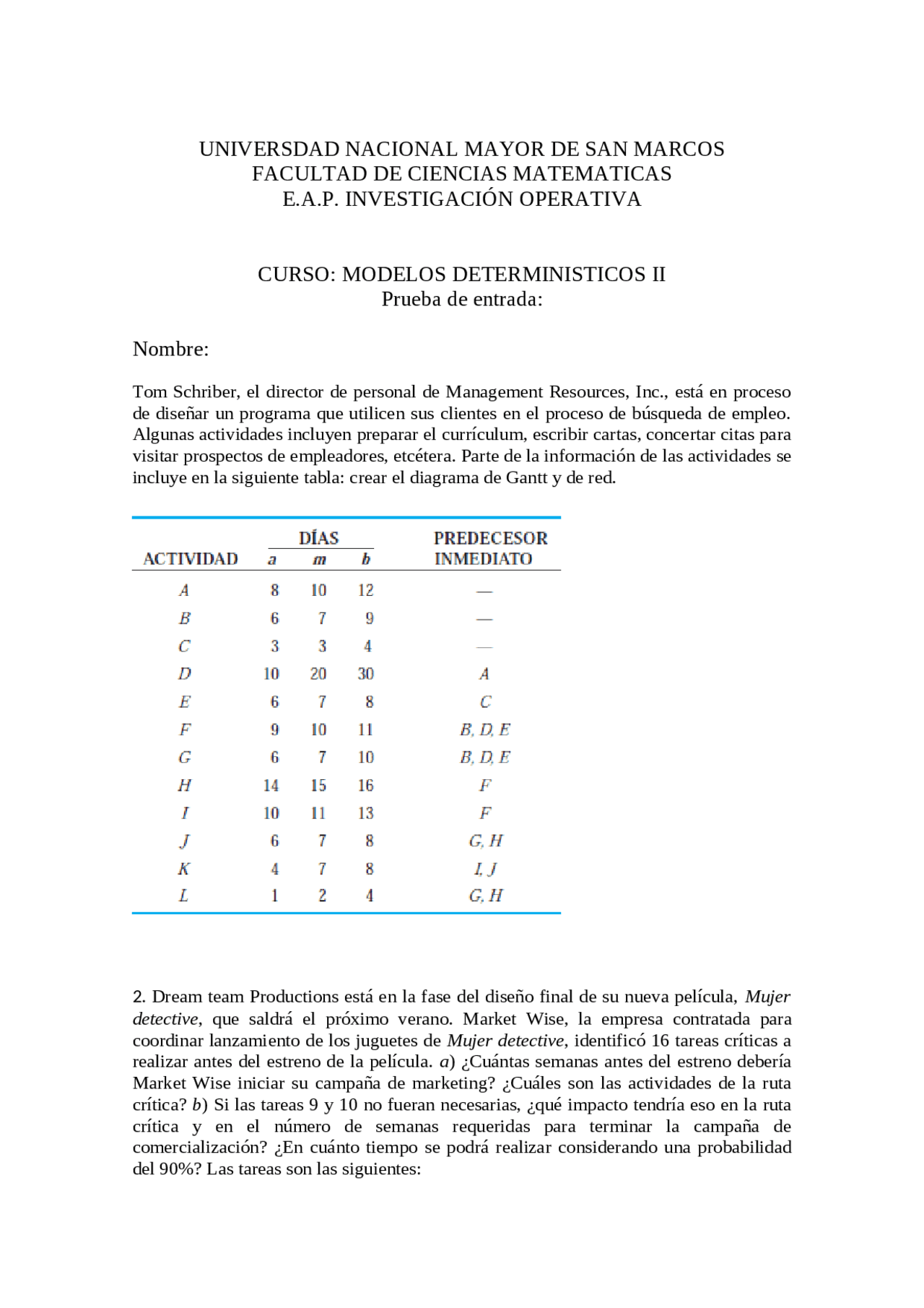 Ejercicios De Pertcpm Para Poder Desarrollar Y Practicar Docsity